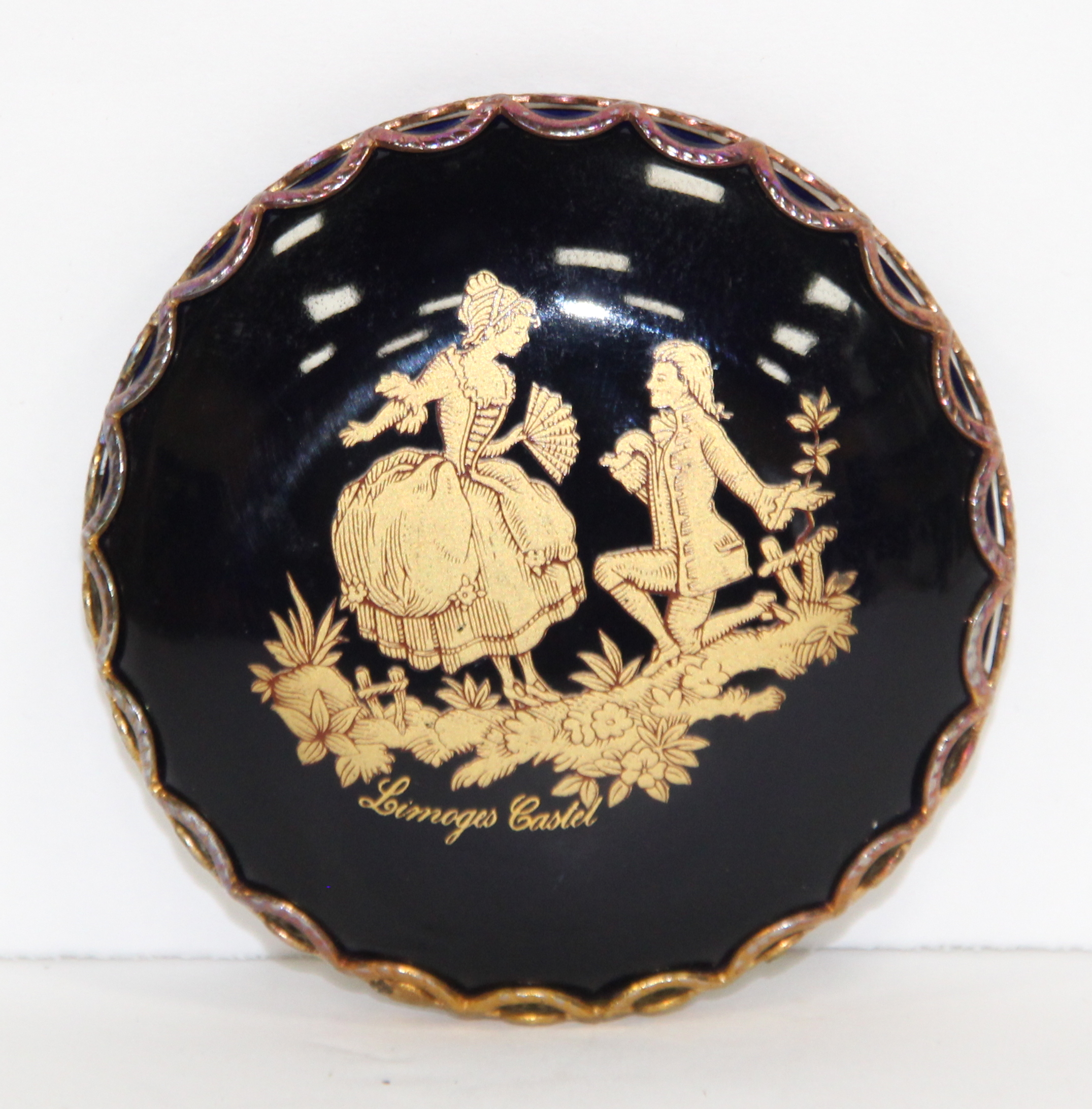 Limoges Castel France Compact Mirror 22k Gold On Cobalt Blue Black 3 ...