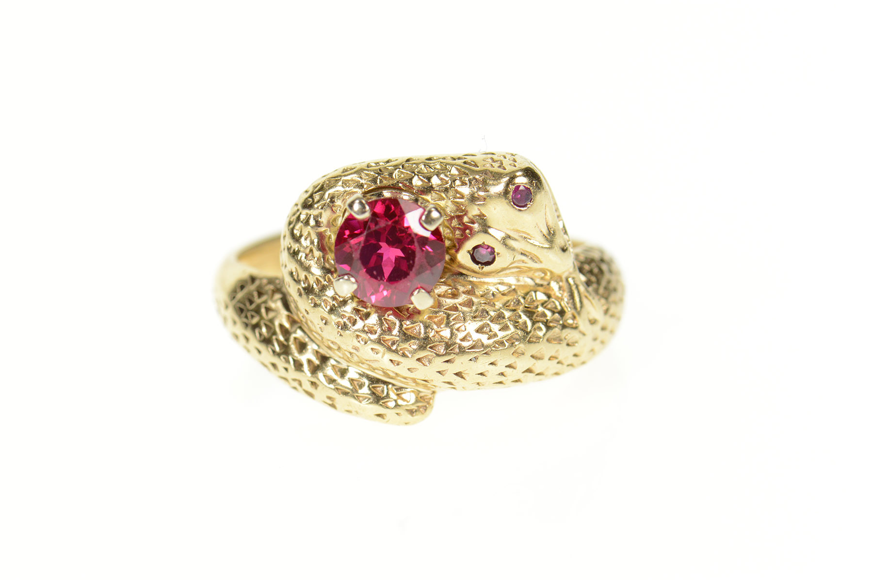 10K 1930's Coiled Serpent Snake Syn. Ruby Men's Yellow Gold Ring, Size 6.25 | Property Room