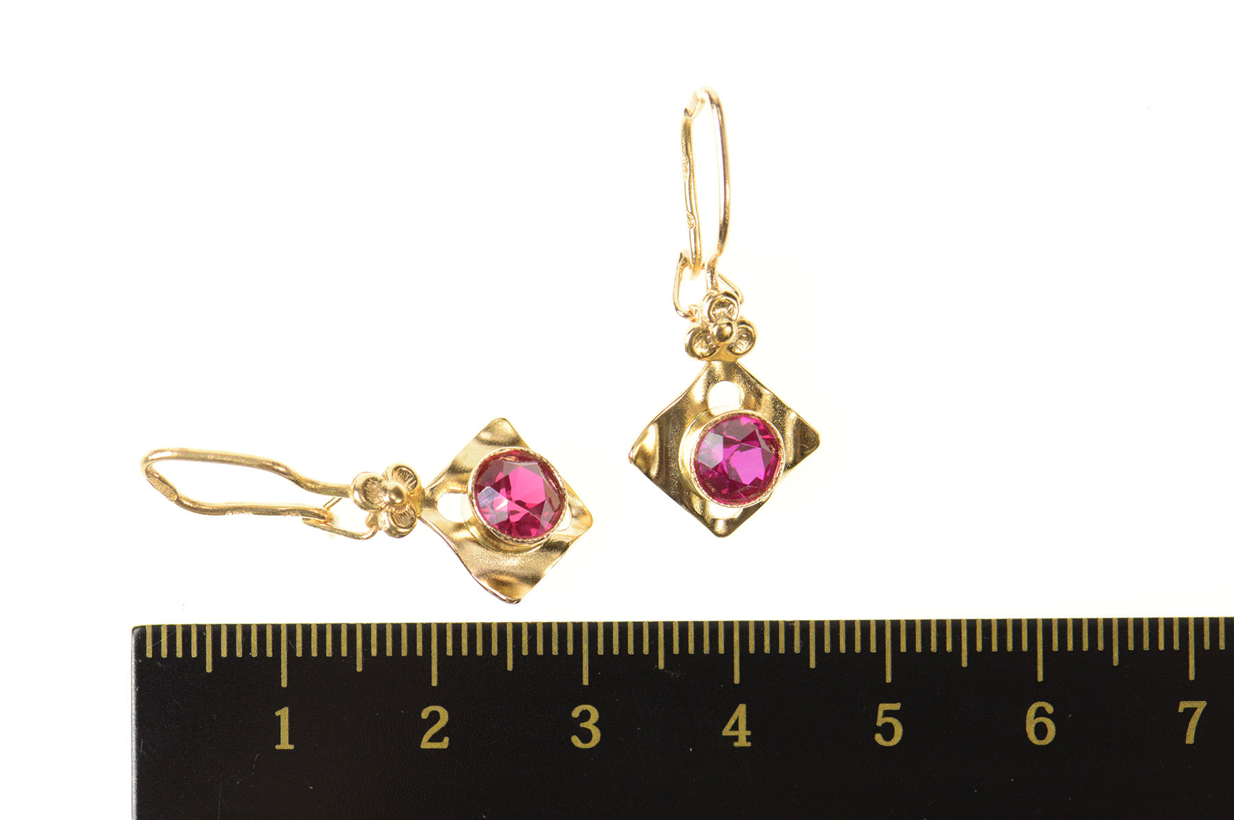 10K 1940's Syn. Ruby Cherry Blossom Dangle Hook Yellow Gold Earrings ...