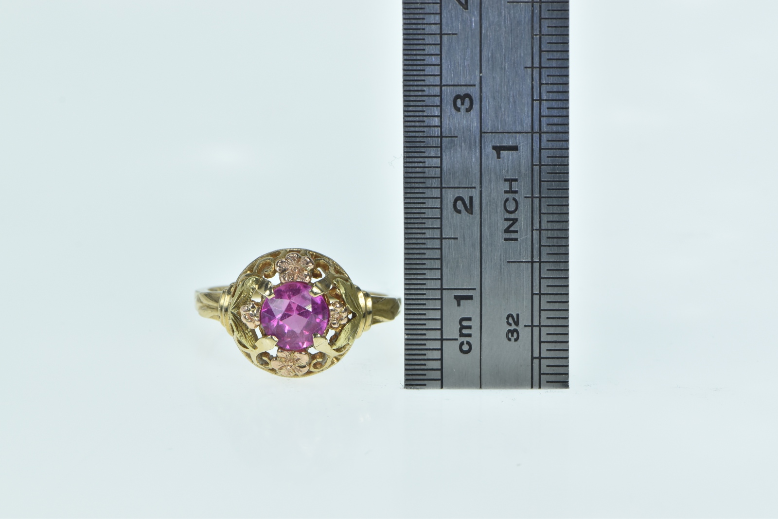 10K 1940's Syn. Ruby Floral Statement Ornate Yellow Gold Ring, Size 7. ...
