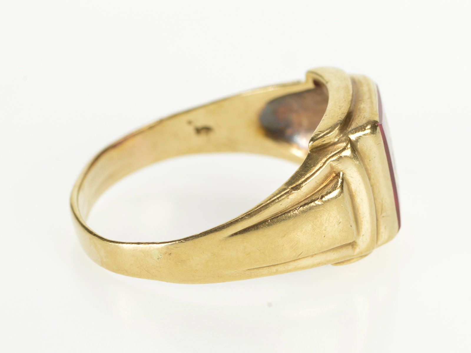 10K 1940's Syn. Ruby Masonic Compass Square Yellow Gold Ring, Size 11. ...