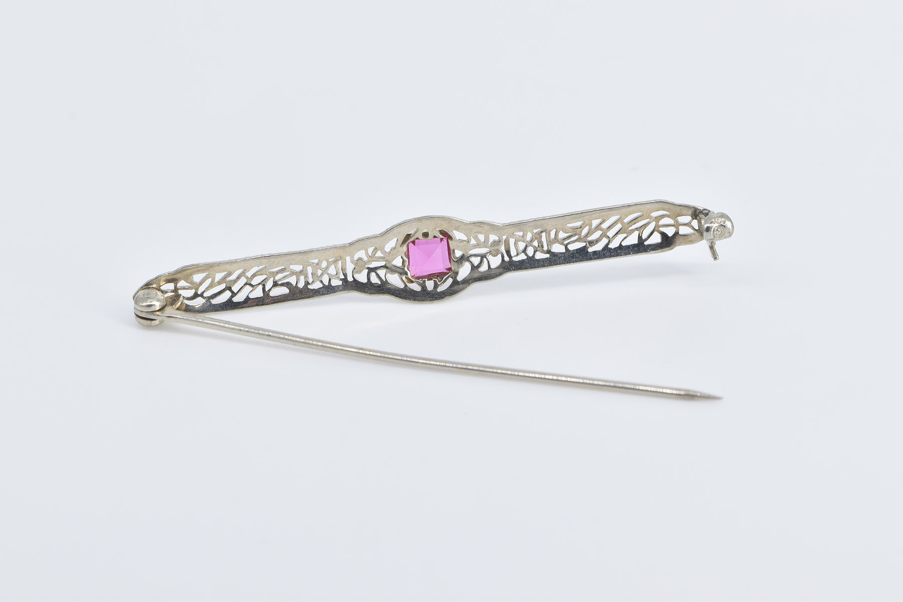 10K Art Deco Filigree Sim. Pink Sapphire Bar White Gold Pin/Brooch ...