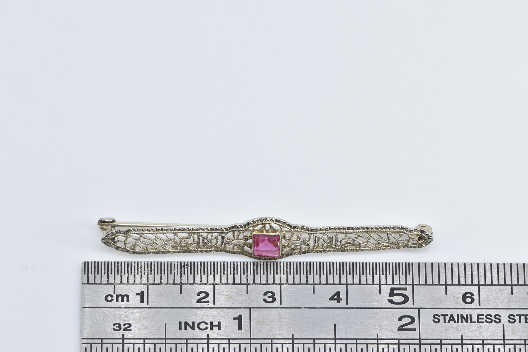 10K Art Deco Filigree Sim. Pink Sapphire Bar White Gold Pin/Brooch ...