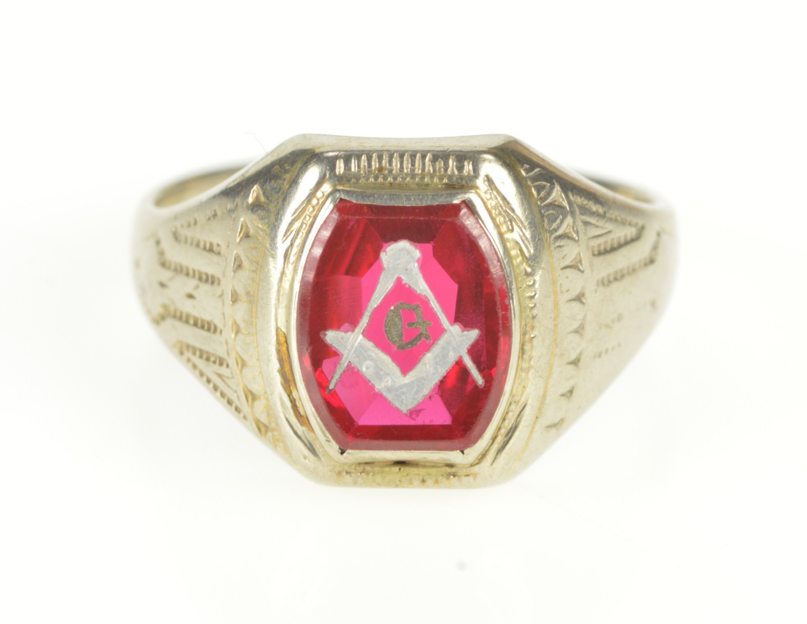 10K Art Deco Masonic Compass Square Syn. Ruby White Gold Ring, Size 8.5 ...