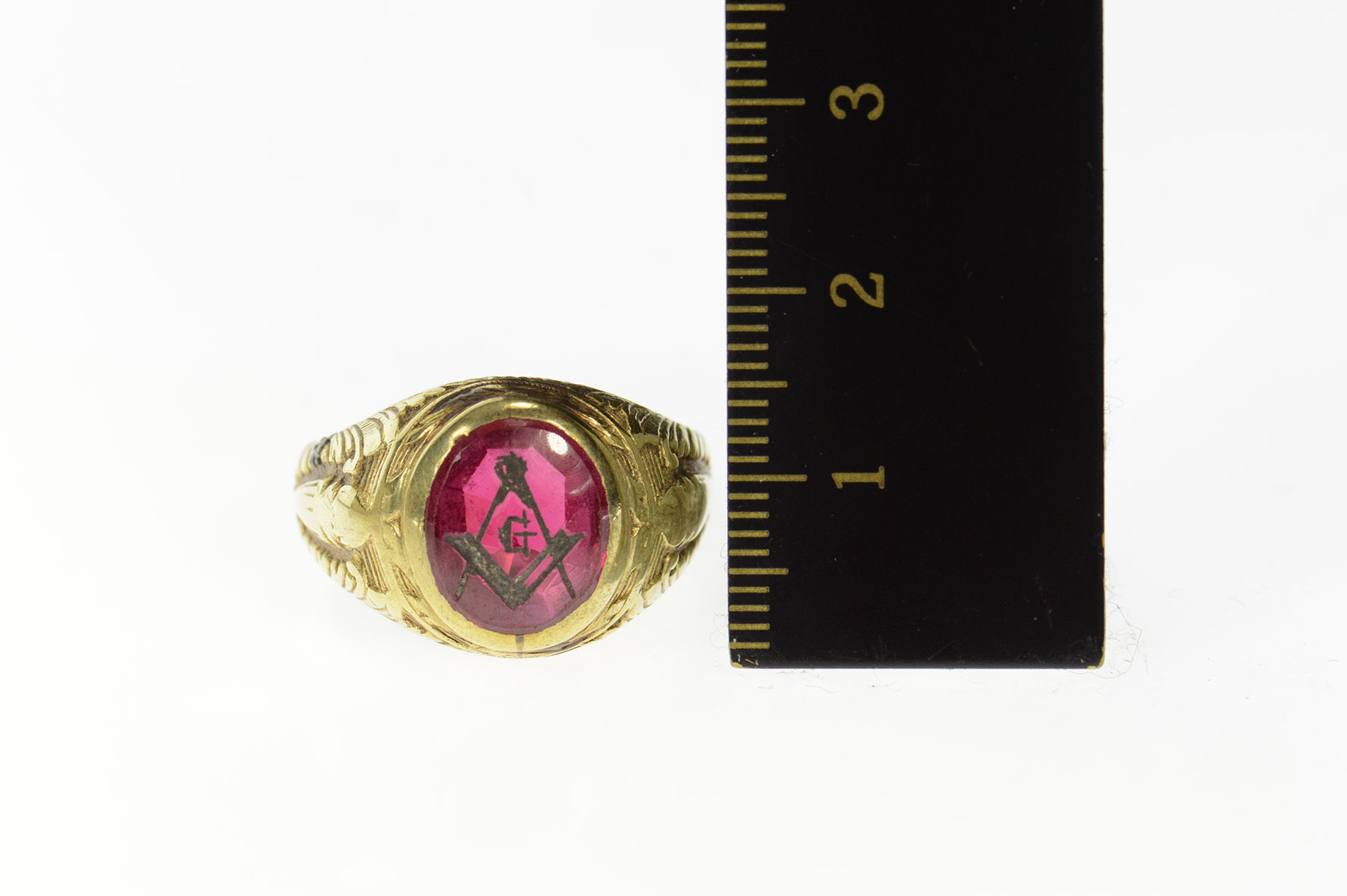 10K Art Deco Syn. Ruby Masonic Compass Squared Yellow Gold Ring, Size 9 ...