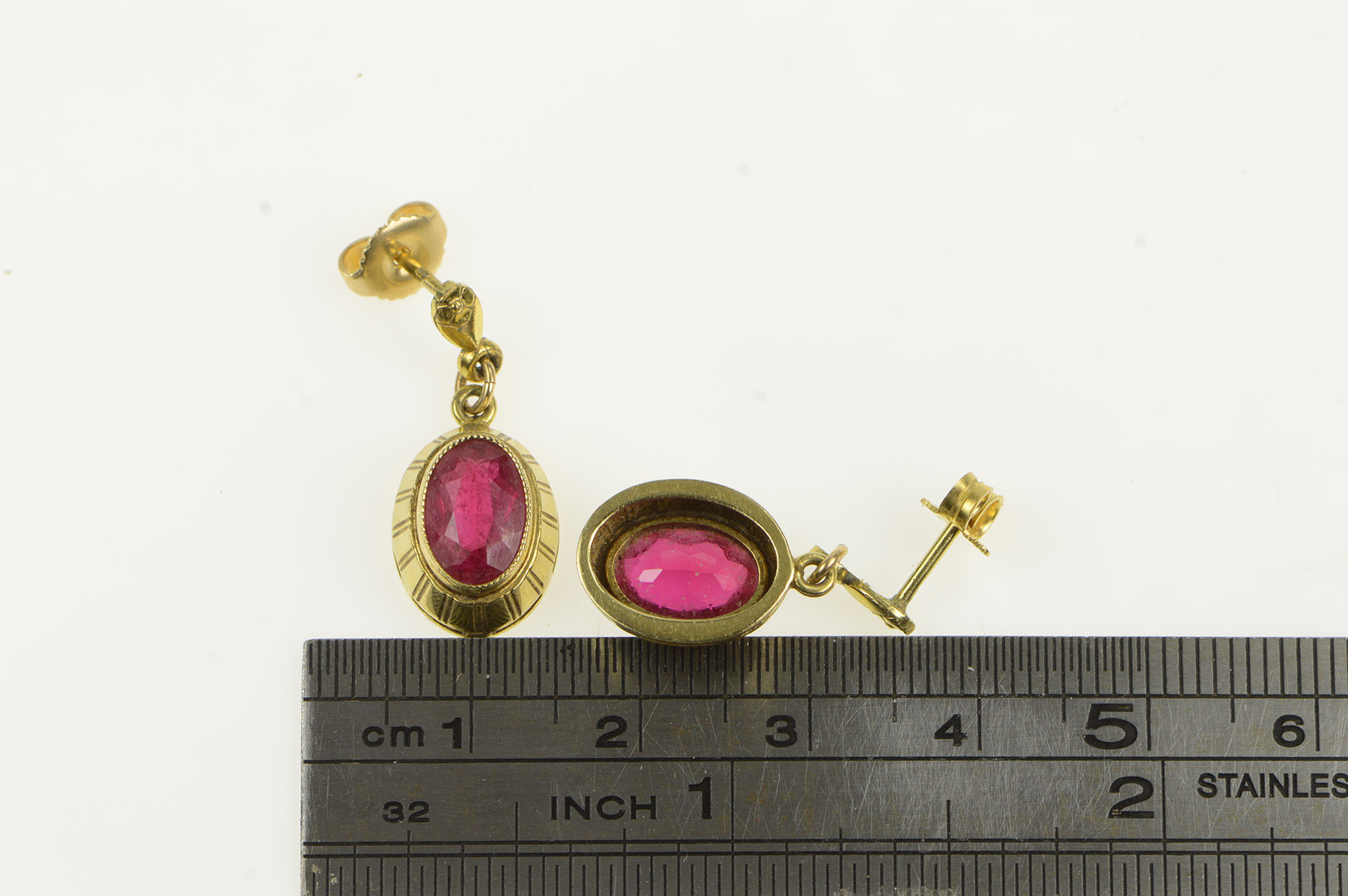 10K Art Deco Syn. Ruby Oval Ornate Bezel Dangle Yellow Gold Earrings ...
