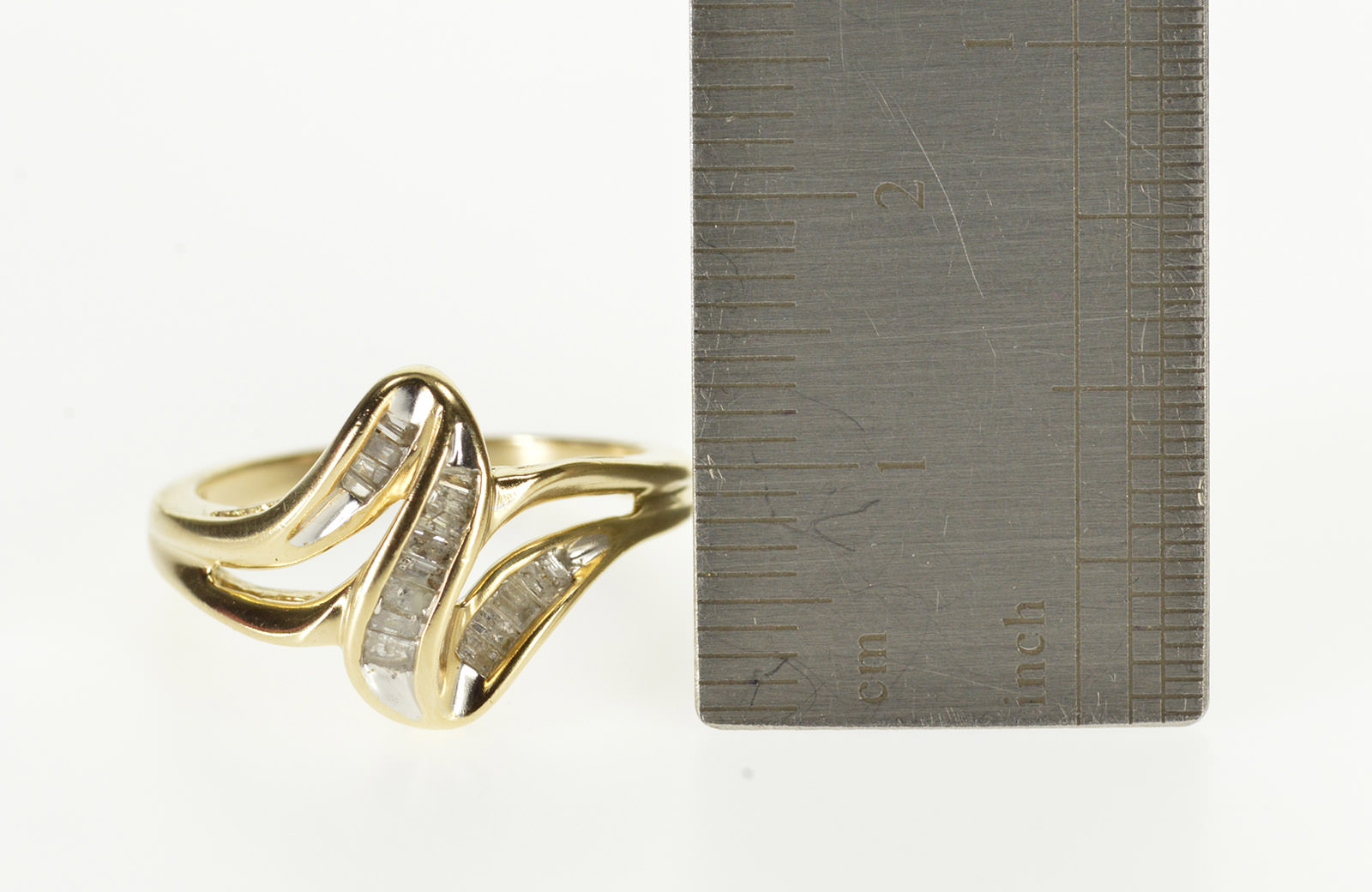 10K Baguette Channel Inset Diamond Wavy Curvy Yellow Gold Ring, Size 6. ...