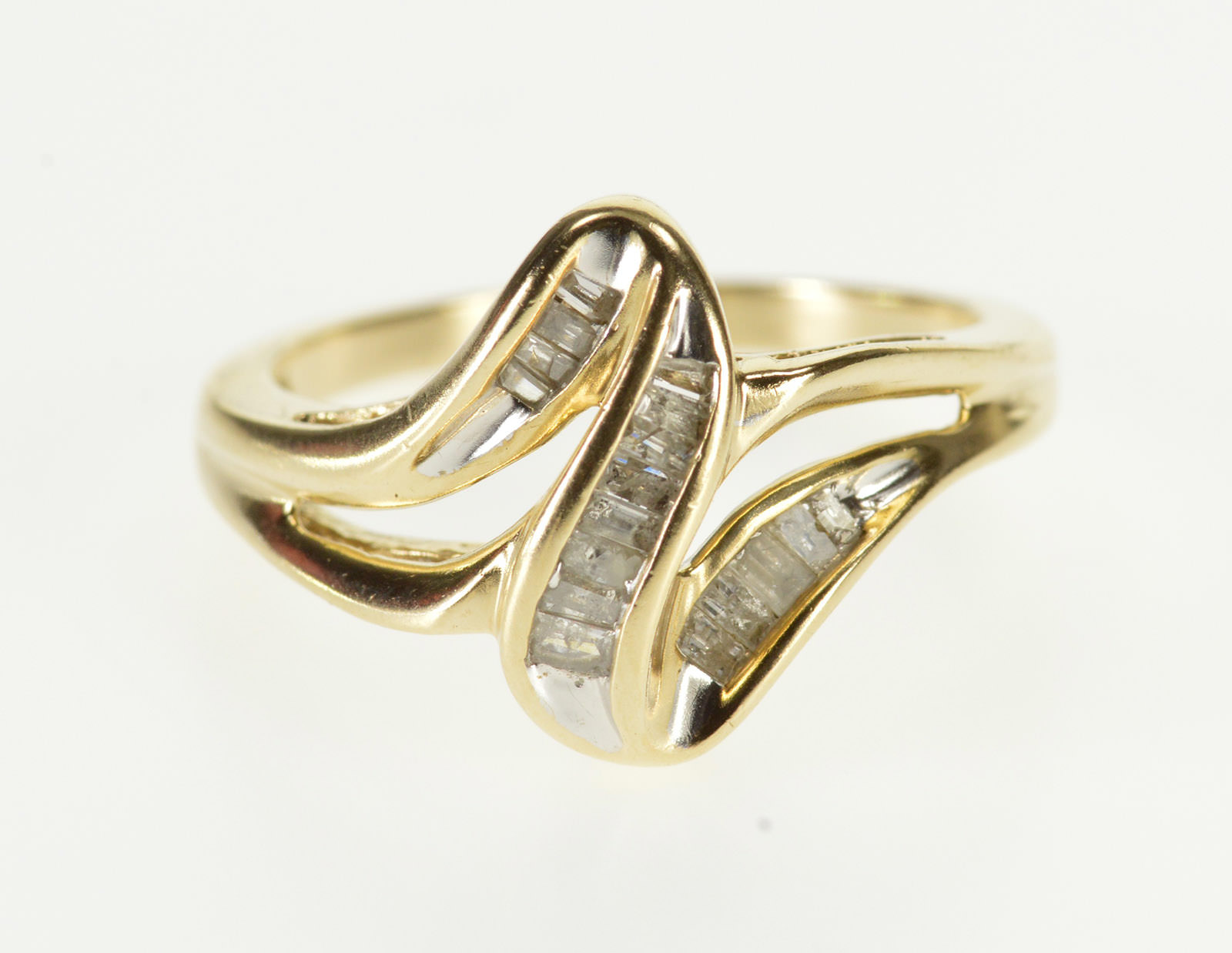 10K Baguette Channel Inset Diamond Wavy Curvy Yellow Gold Ring, Size 6. ...