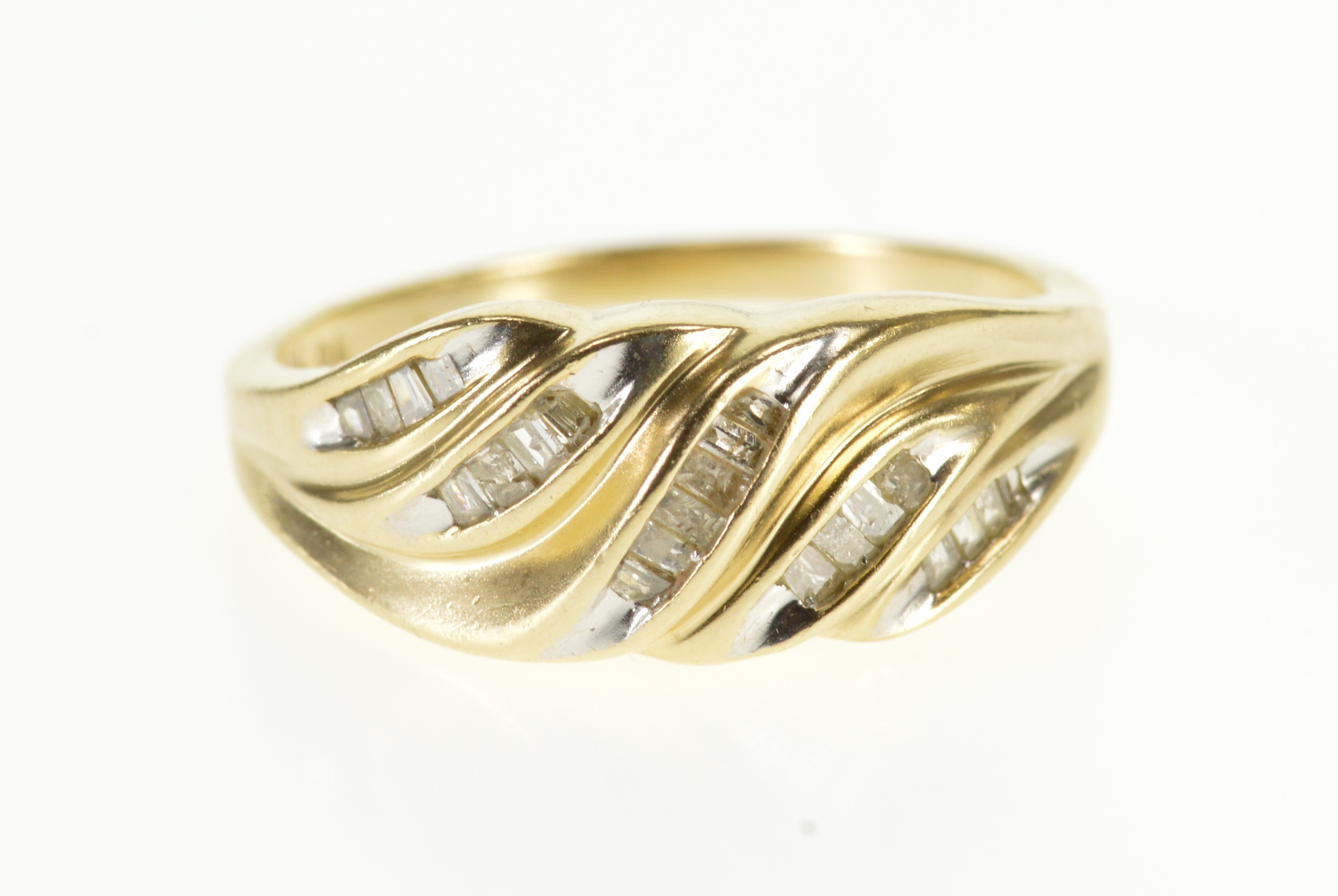 10K Baguette Diamond Channel Inset Wavy Band Yellow Gold Ring, Size 7 ...