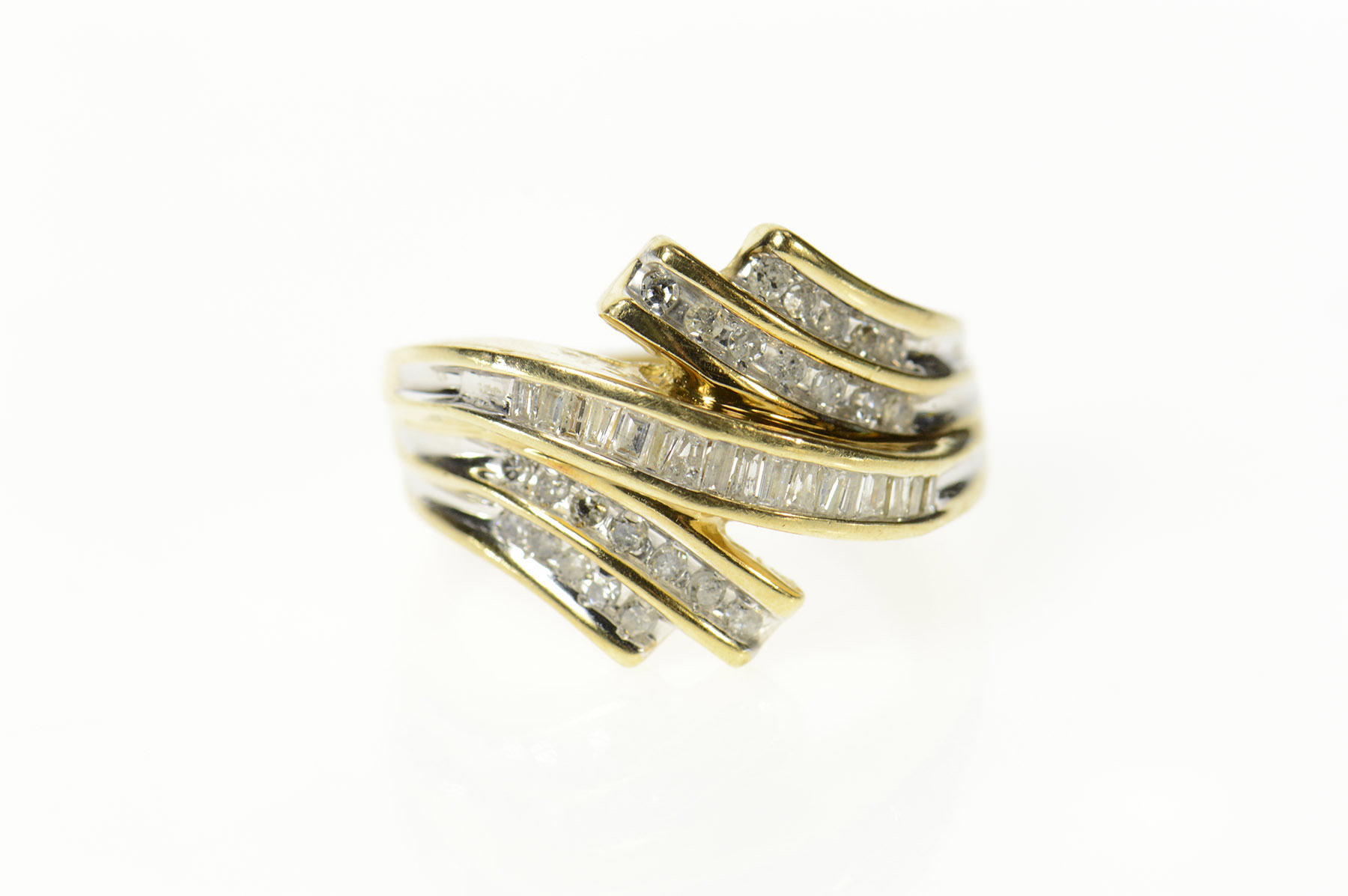 10K Baguette Diamond Tiered Channel Bypass Yellow Gold Ring, Size 7.75 ...