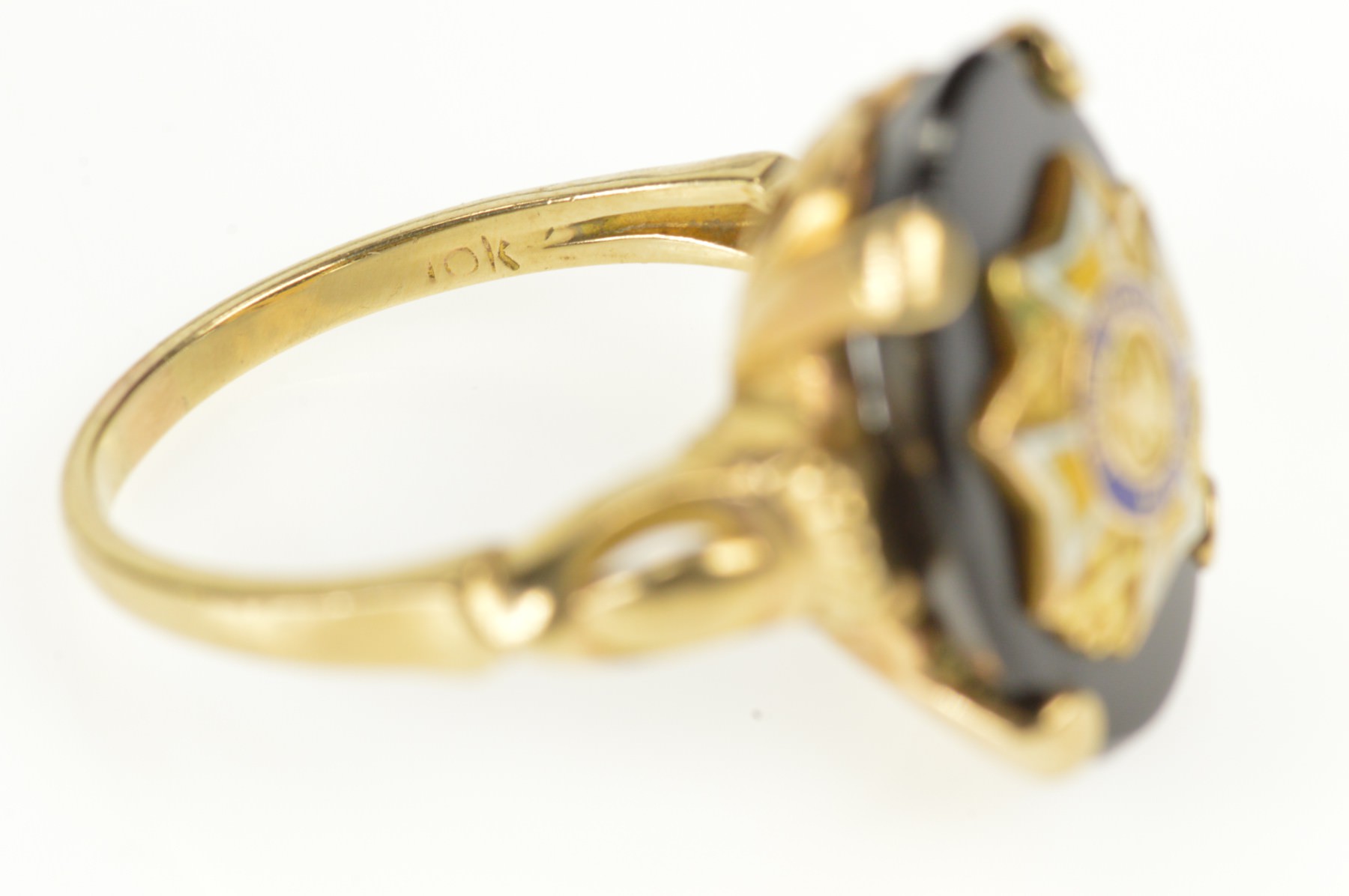 10K Black Onyx Ladies Auxiliary VFW Enamel Sigil Yellow Gold Ring, Size ...