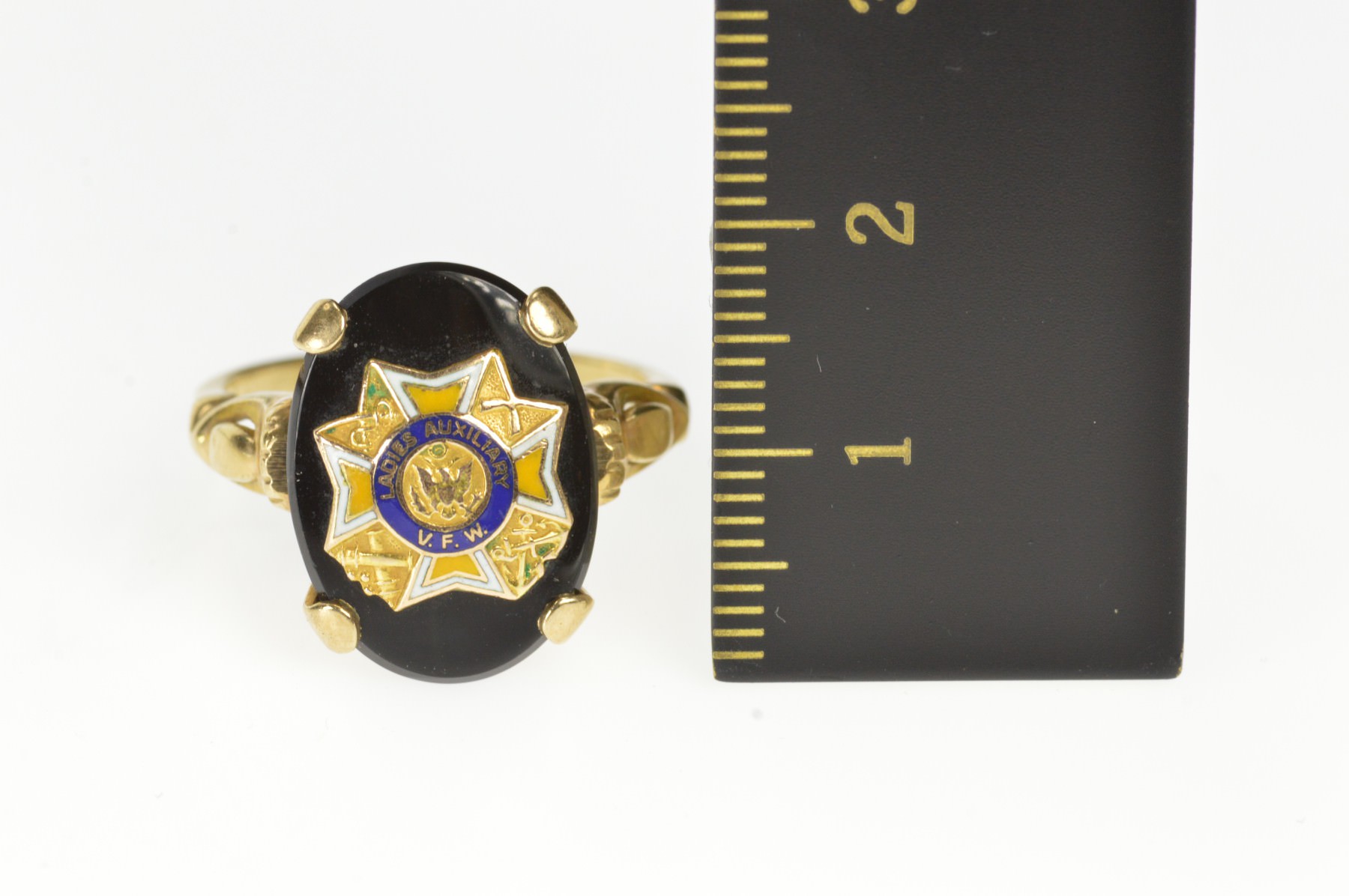 10K Black Onyx Ladies Auxiliary VFW Enamel Sigil Yellow Gold Ring, Size ...