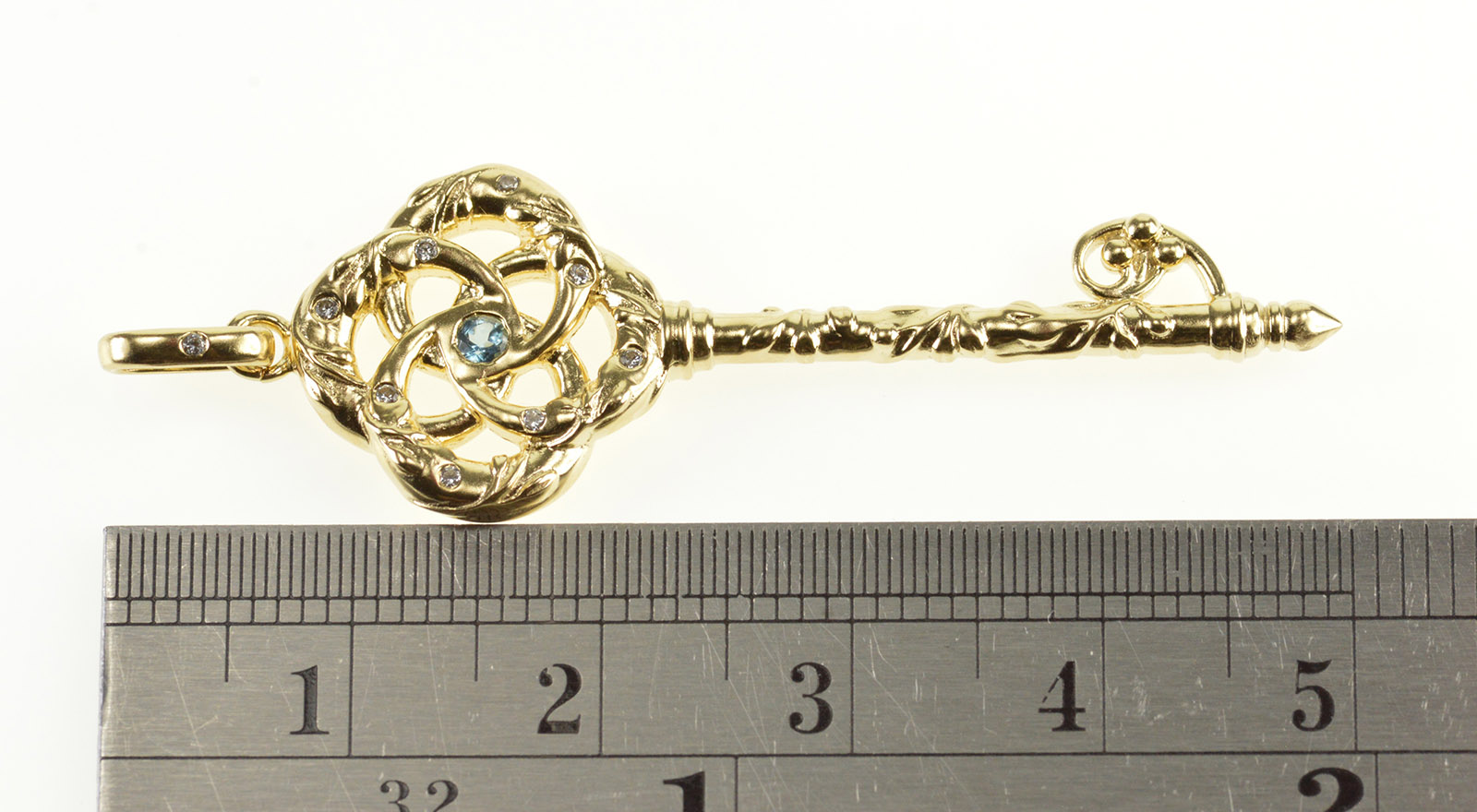 10K Blue Cubic Zirconia Inset Ornate Skeleton Key Yellow Gold Pendant ...