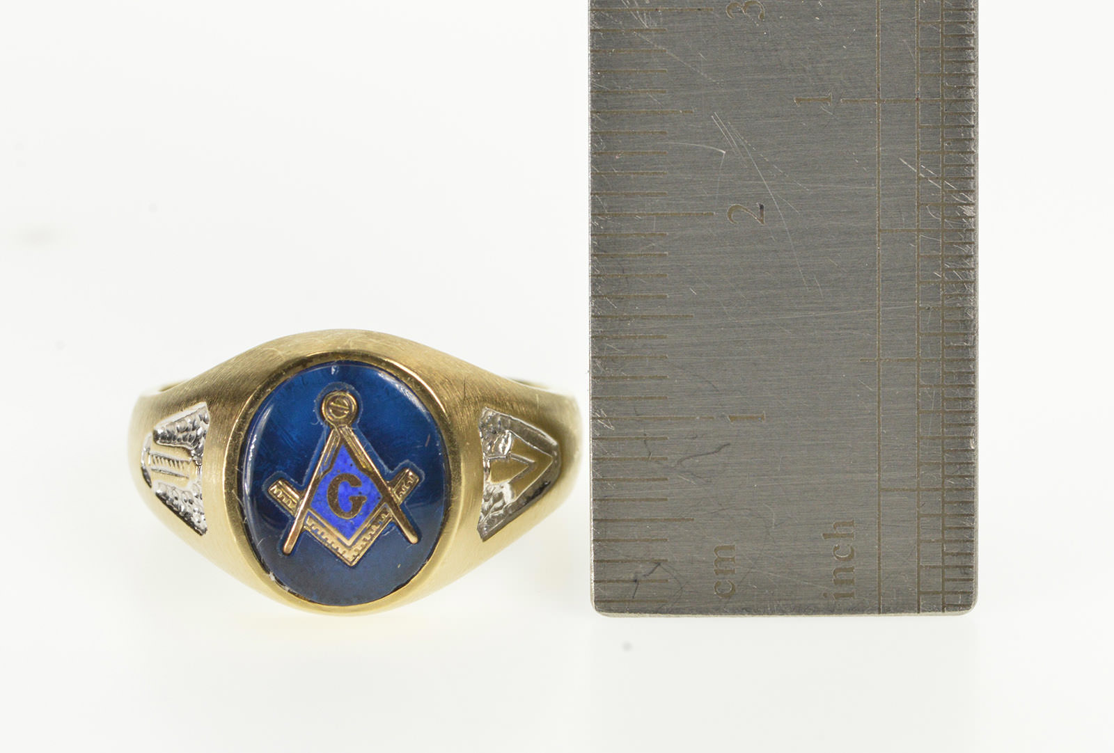 10K Carved Blue Spinel Masonic Retro Compass Yellow Gold Ring, Size 9. ...