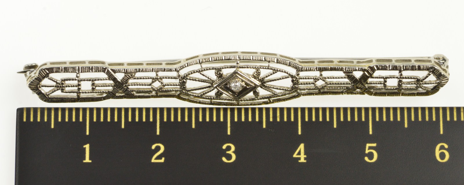 10K Diamond Art Deco Filigree Curved Bar White Gold Pin/Brooch ...