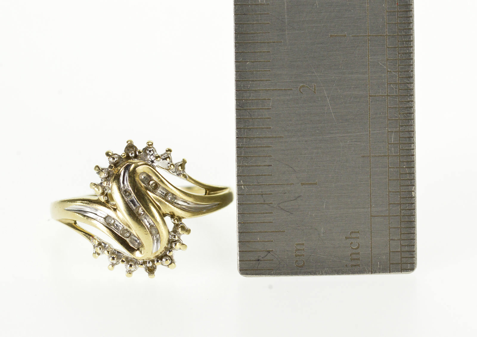 10K Diamond Channel Inset Burst Accented Wavy Yellow Gold Ring, Size 6. ...