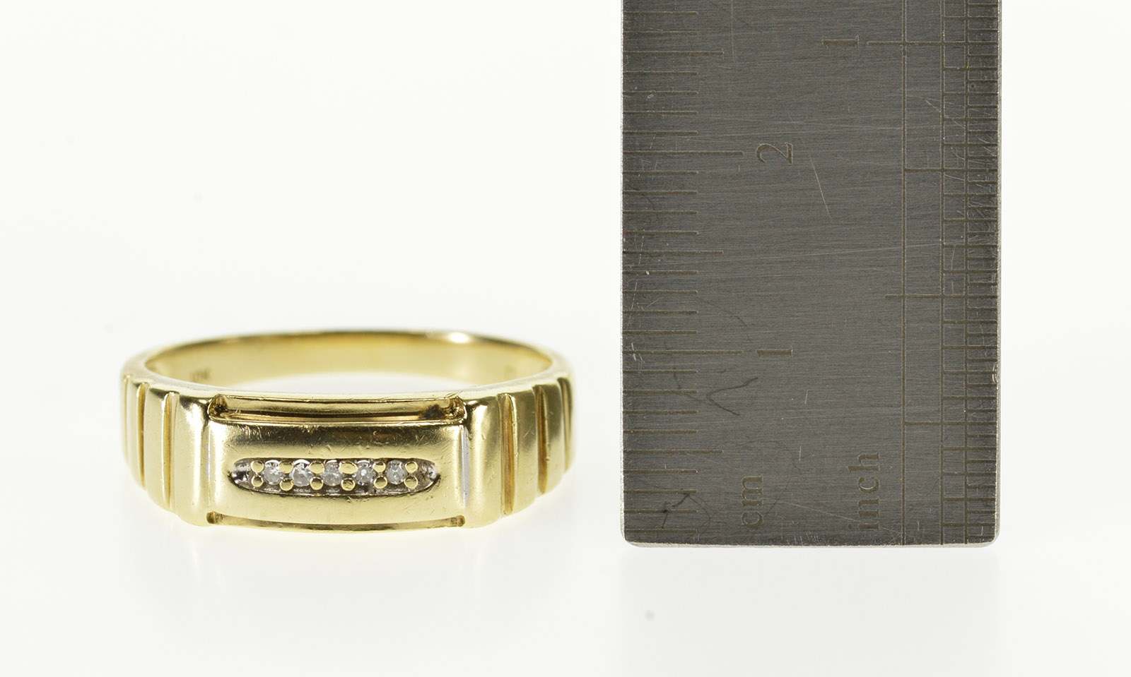 10K Diamond Channel Inset Grooved Men's Band Yellow Gold Ring, Size 9. ...