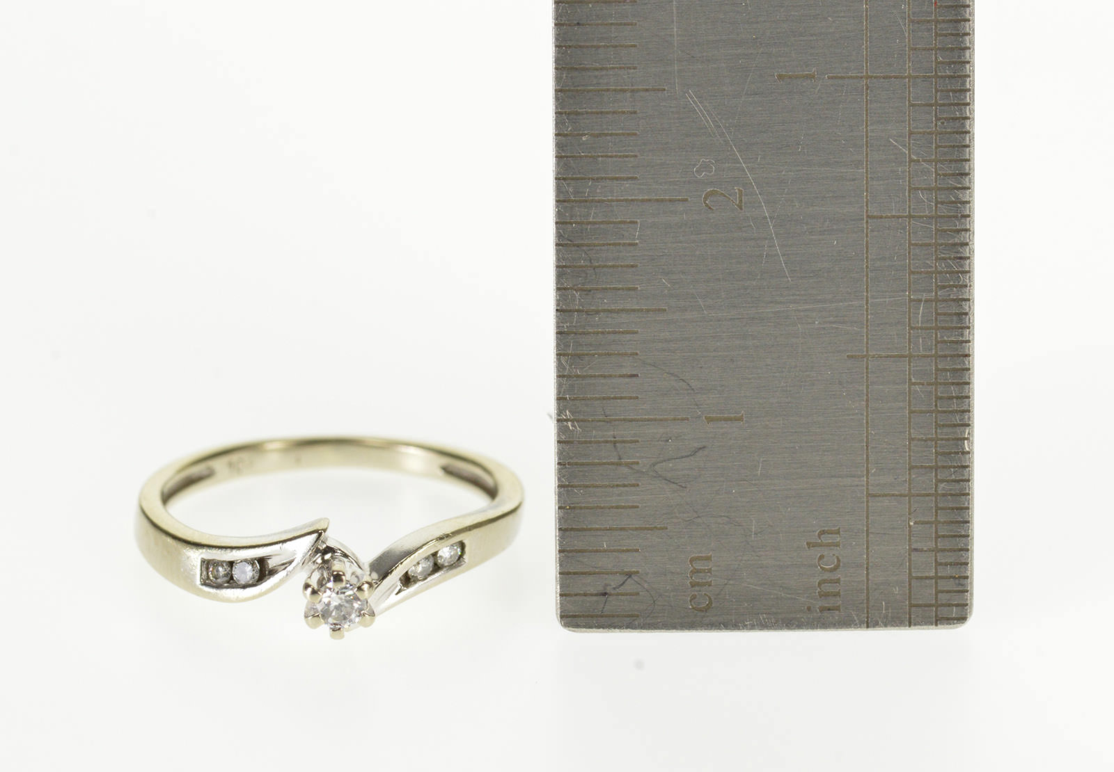 10K Diamond Channel Inset Peg Head Engagement White Gold Ring, Size 4. ...