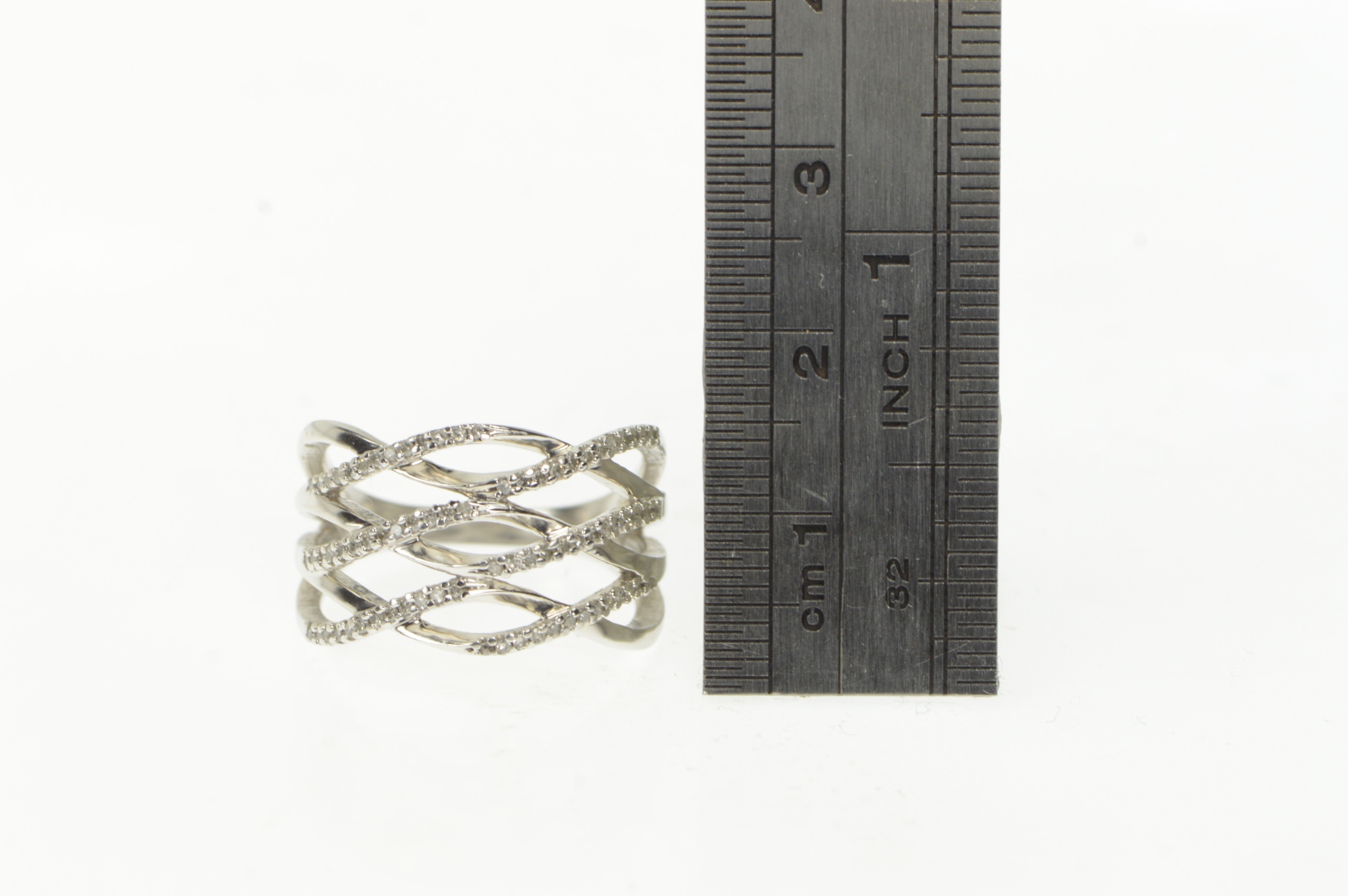 10K Diamond Encrusted Wavy Layered Band White Gold Ring, Size 7 ...