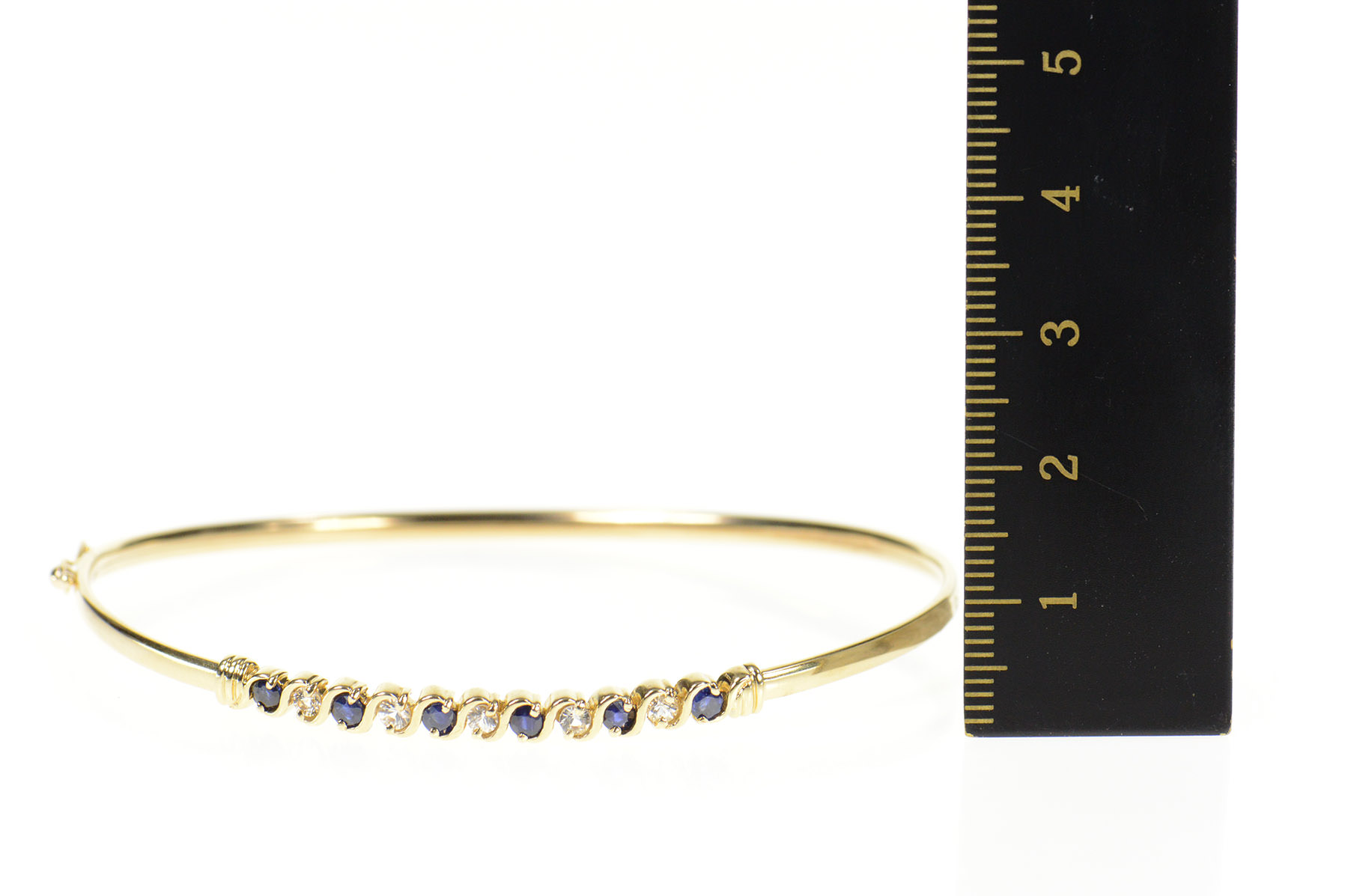 10K Diamond Sapphire Inset Oval Statement Bangle Yellow Gold Bracelet 7 ...