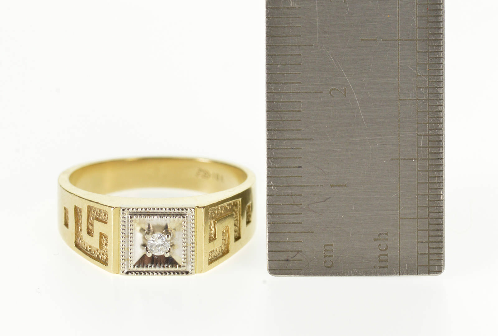 10K Diamond Square Milgrain Trim Greek Wave Pattern Yellow Gold Ring ...