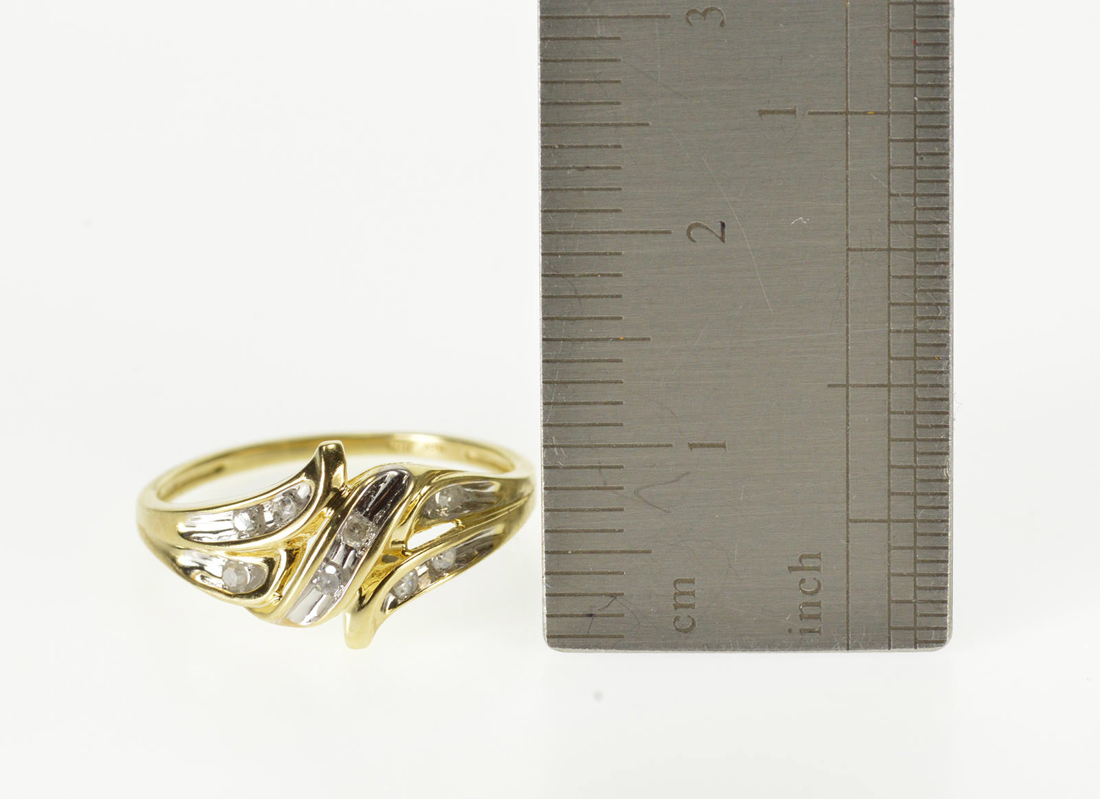 10K Diamond Wavy Channel Inset Curvy Bypass Yellow Gold Ring, Size 6.5 ...