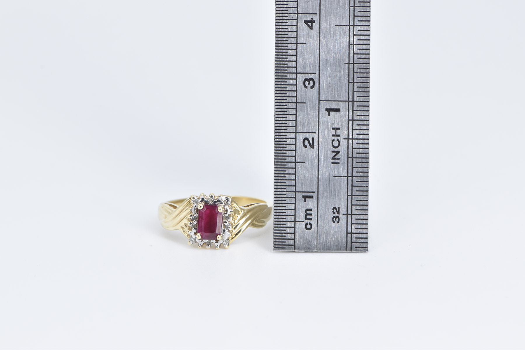 10K Emerald Cut Natural Ruby Diamond Halo Yellow Gold Ring, Size 6.75 ...