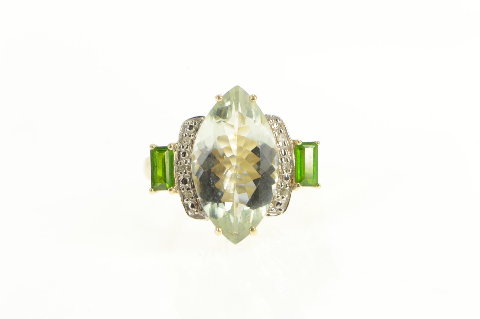 10K Light Green Quartz Tsavorite Diamond Cocktail Yellow Gold Ring ...