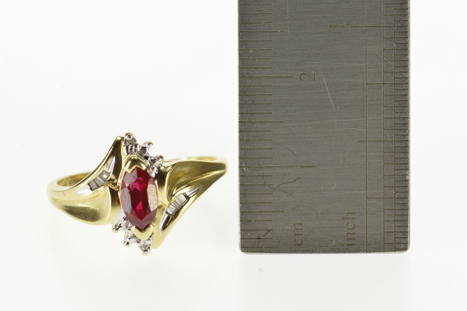10K Marquise Ruby* Diamond Accent Freeform Yellow Gold Ring, Size 6.25 ...