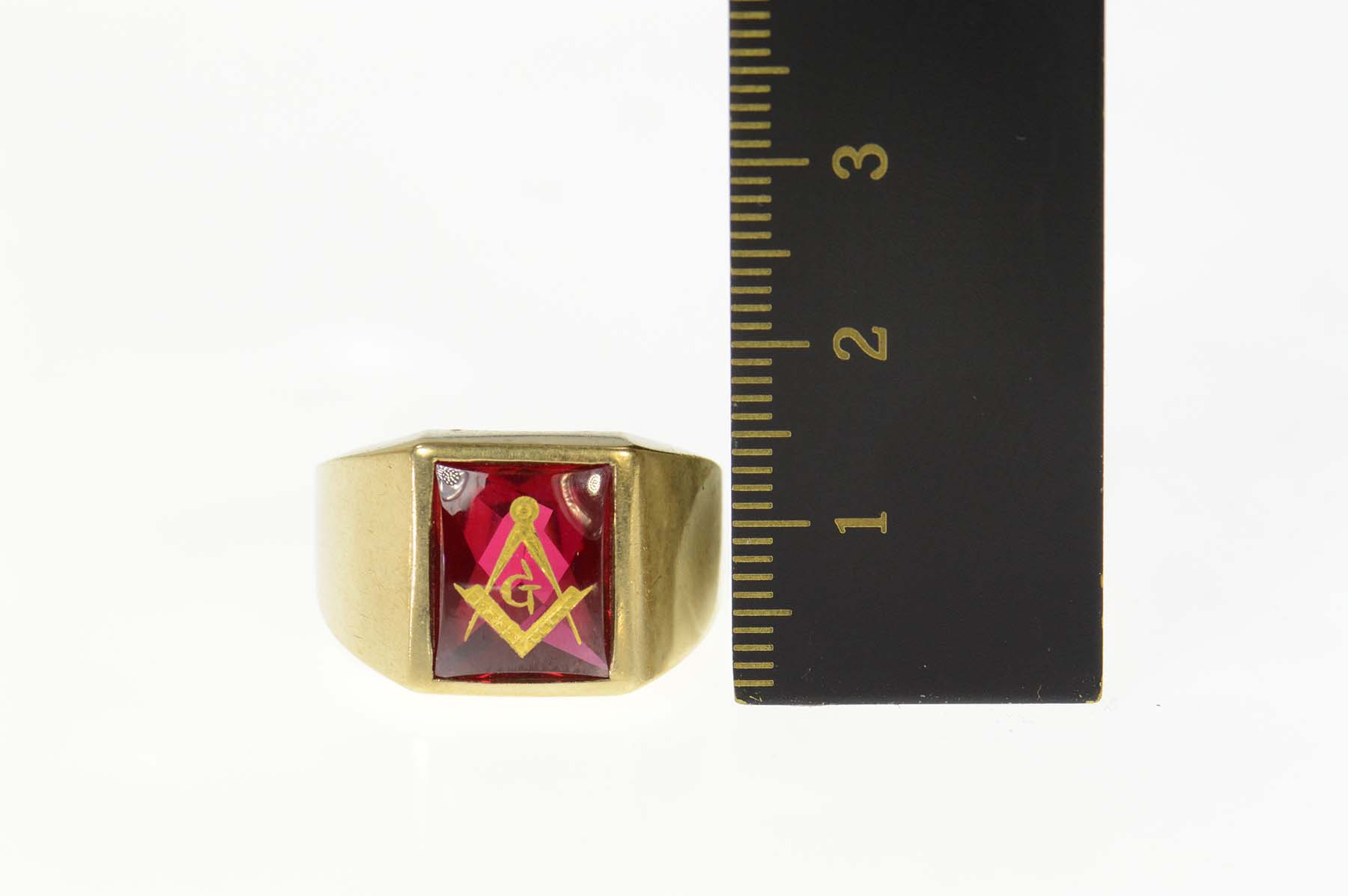 10K Masonic Retro Syn. Ruby Compass Square Yellow Gold Ring, Size 9.75 ...