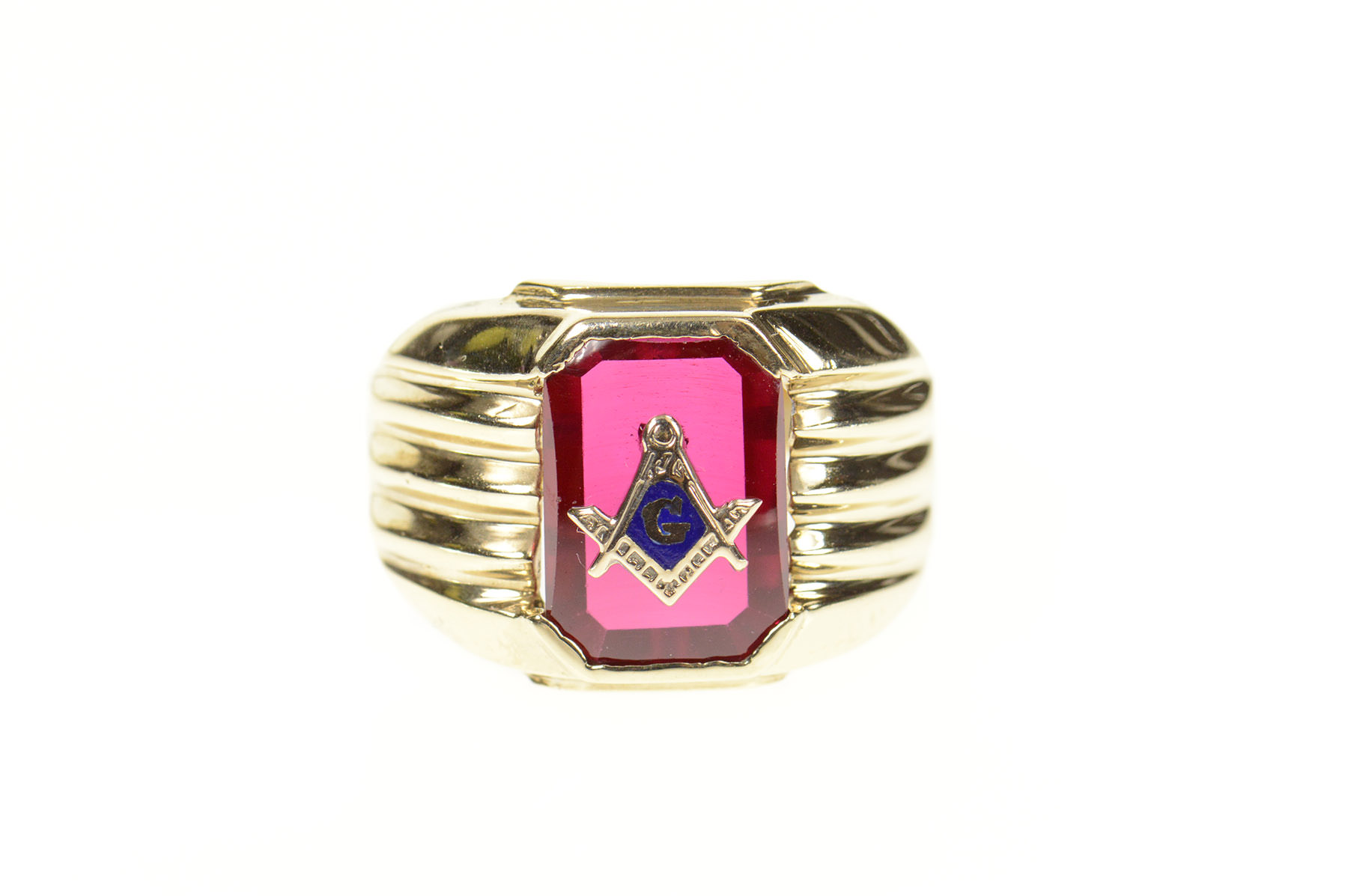 10K Men's Masonic Symbol Emblem Syn. Ruby Yellow Gold Ring, Size 9.5 ...