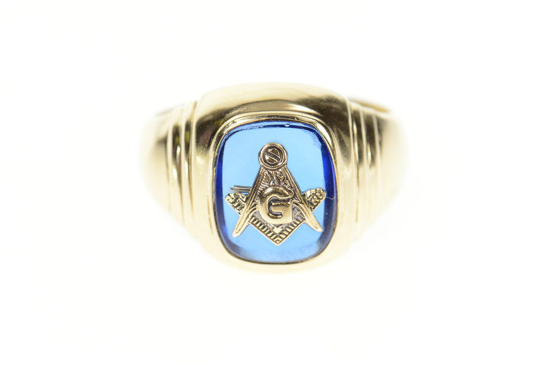10K Men's Masonic Symbol Emblem Syn. Sapphire Yellow Gold Ring, Size 9. ...