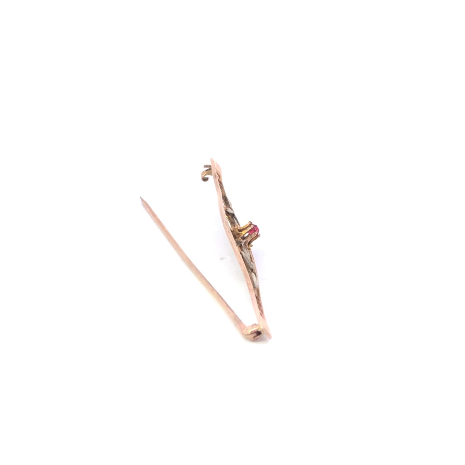 10K Ornate Leaf Design Vintage Syn. Ruby Bar Yellow Gold Pin/Brooch ...