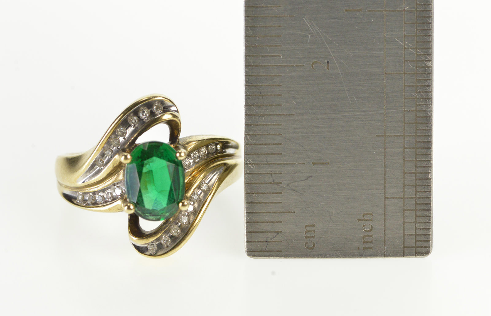 10K Oval Syn. Emerald Diamond Freeform Statement Yellow Gold Ring, Size ...