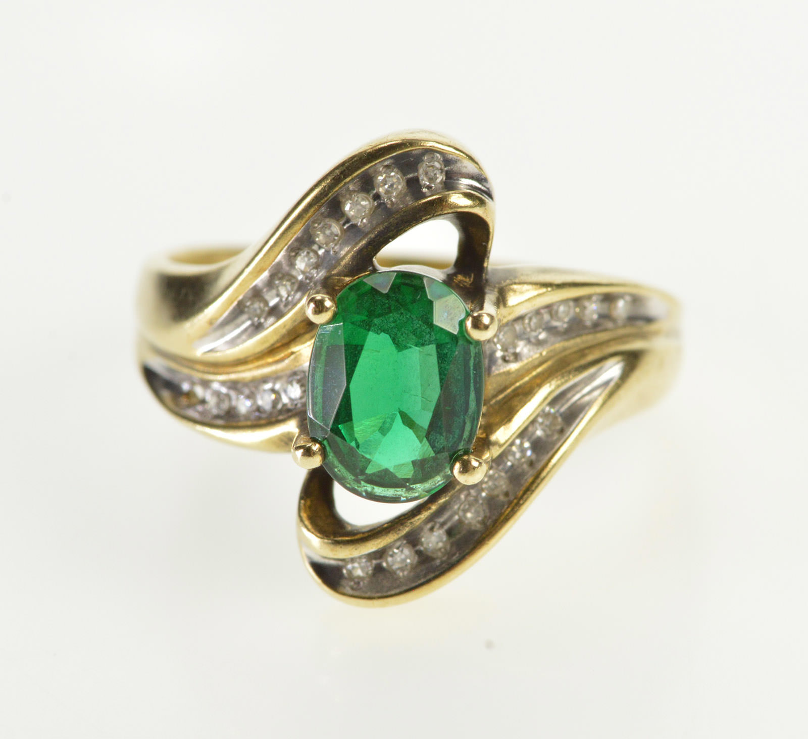 10K Oval Syn. Emerald Diamond Freeform Statement Yellow Gold Ring, Size ...