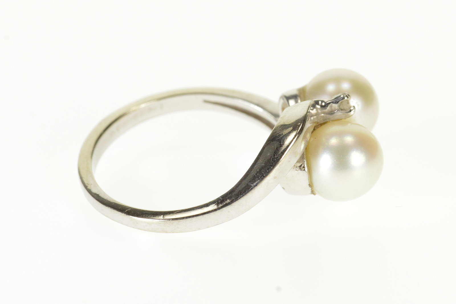 10K Pearl Diamond Inset Wavy Bypass Freeform White Gold Ring, Size 6.75 ...