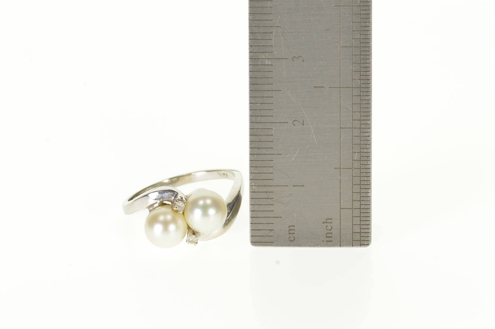 10K Pearl Diamond Inset Wavy Bypass Freeform White Gold Ring, Size 6.75 ...