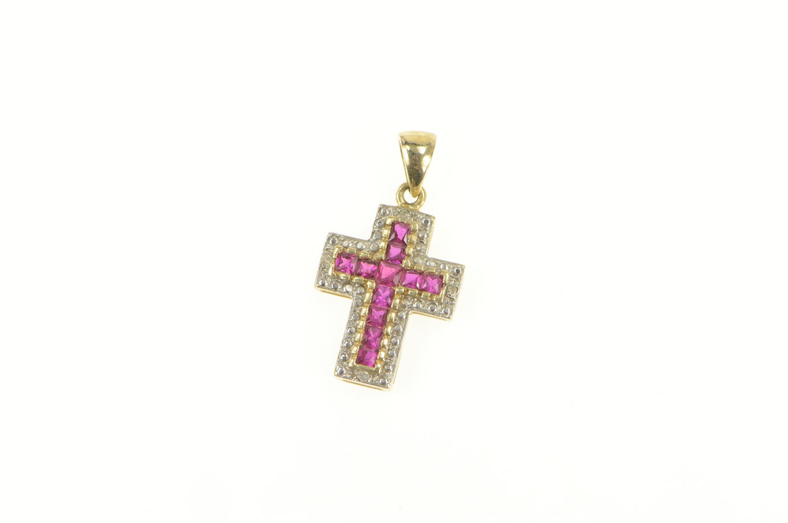 10K Princess Syn. Ruby Diamond Accent Cross Yellow Gold Pendant ...