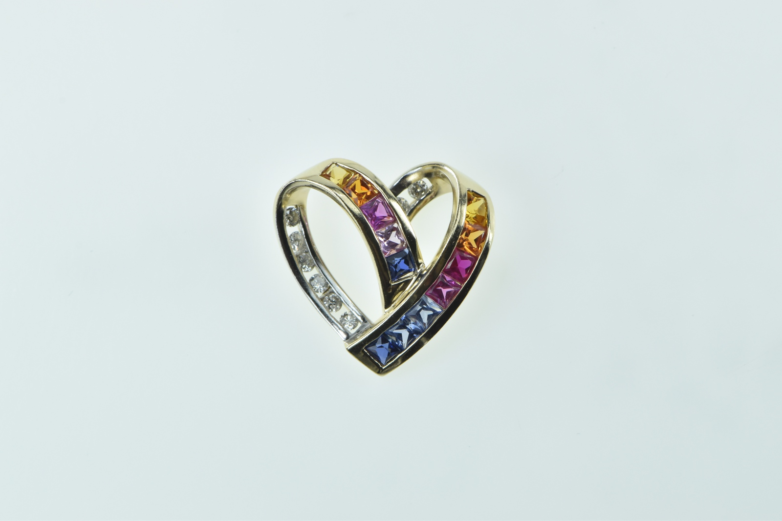 10K Rainbow Sapphire Diamond Heart Loop Yellow Gold Pendant | Property Room
