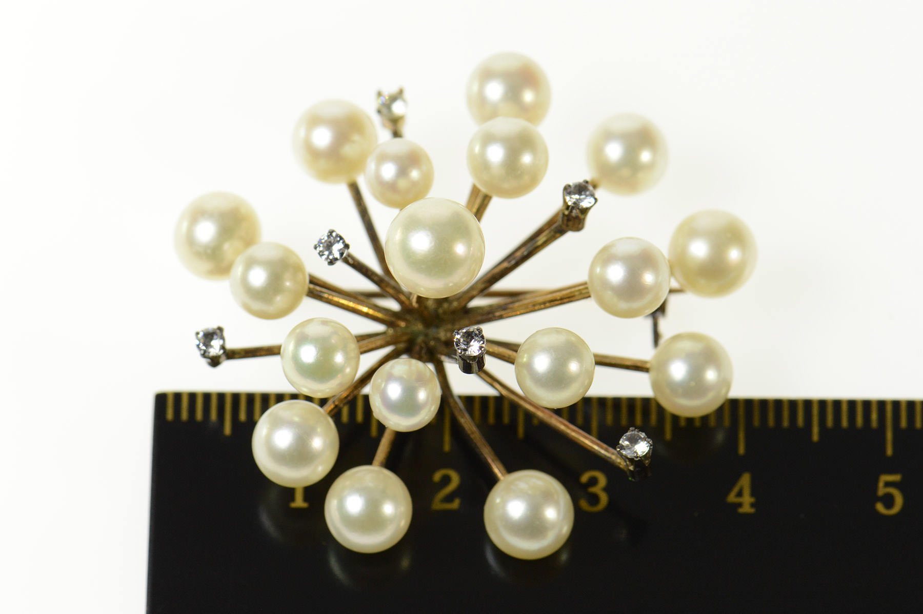 10K Retro 1960's Pearl Diamond Spray Burst Yellow Gold Pin/Brooch ...