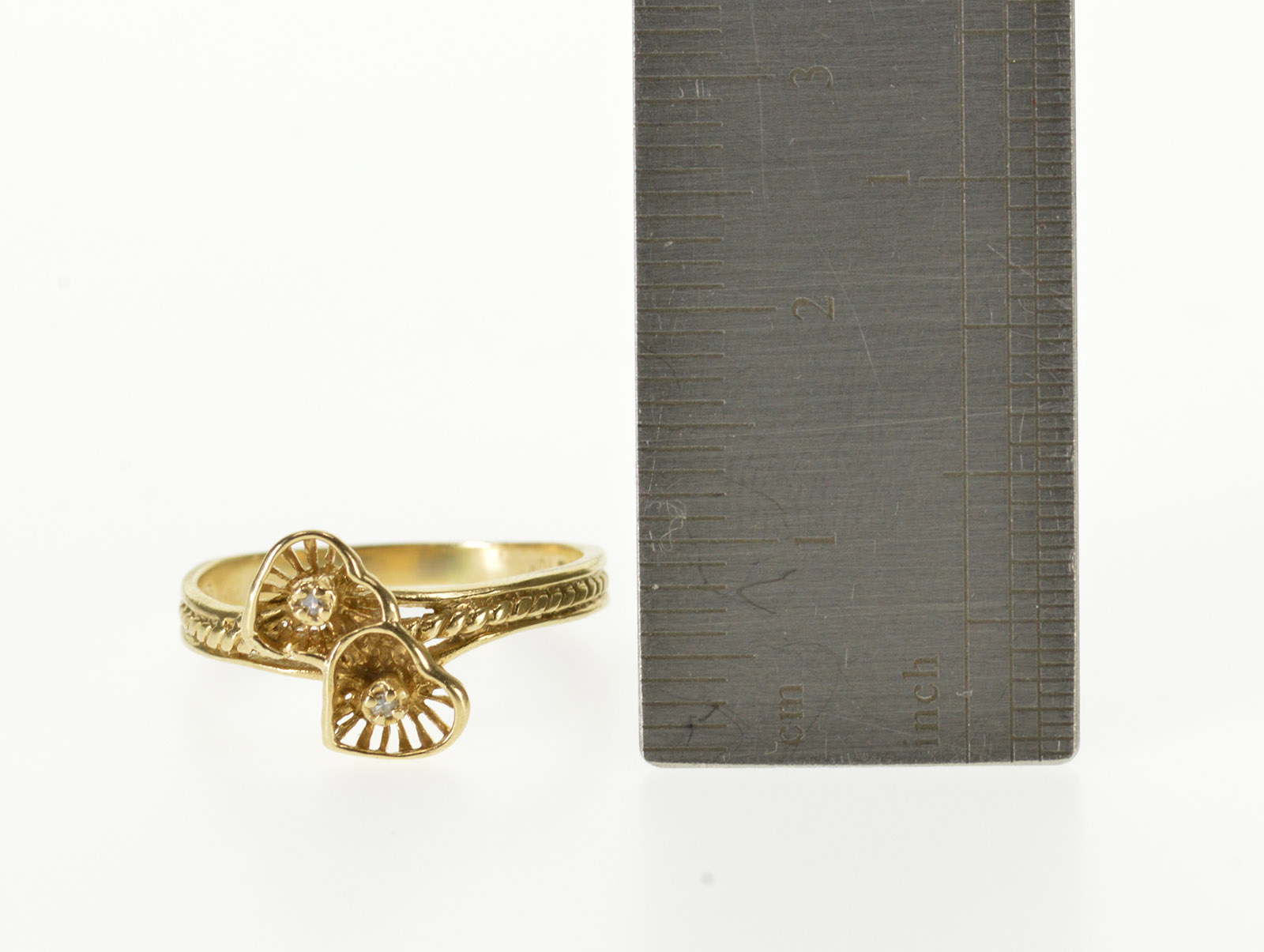10K Retro Cage Heart Diamond Inset Rope Trim Yellow Gold Ring, Size 6.5 ...