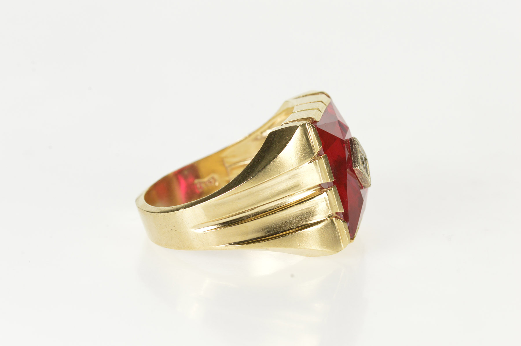 10K Retro Ornate Syn. Ruby Diamond Overlay Men's Yellow Gold Ring, Size ...