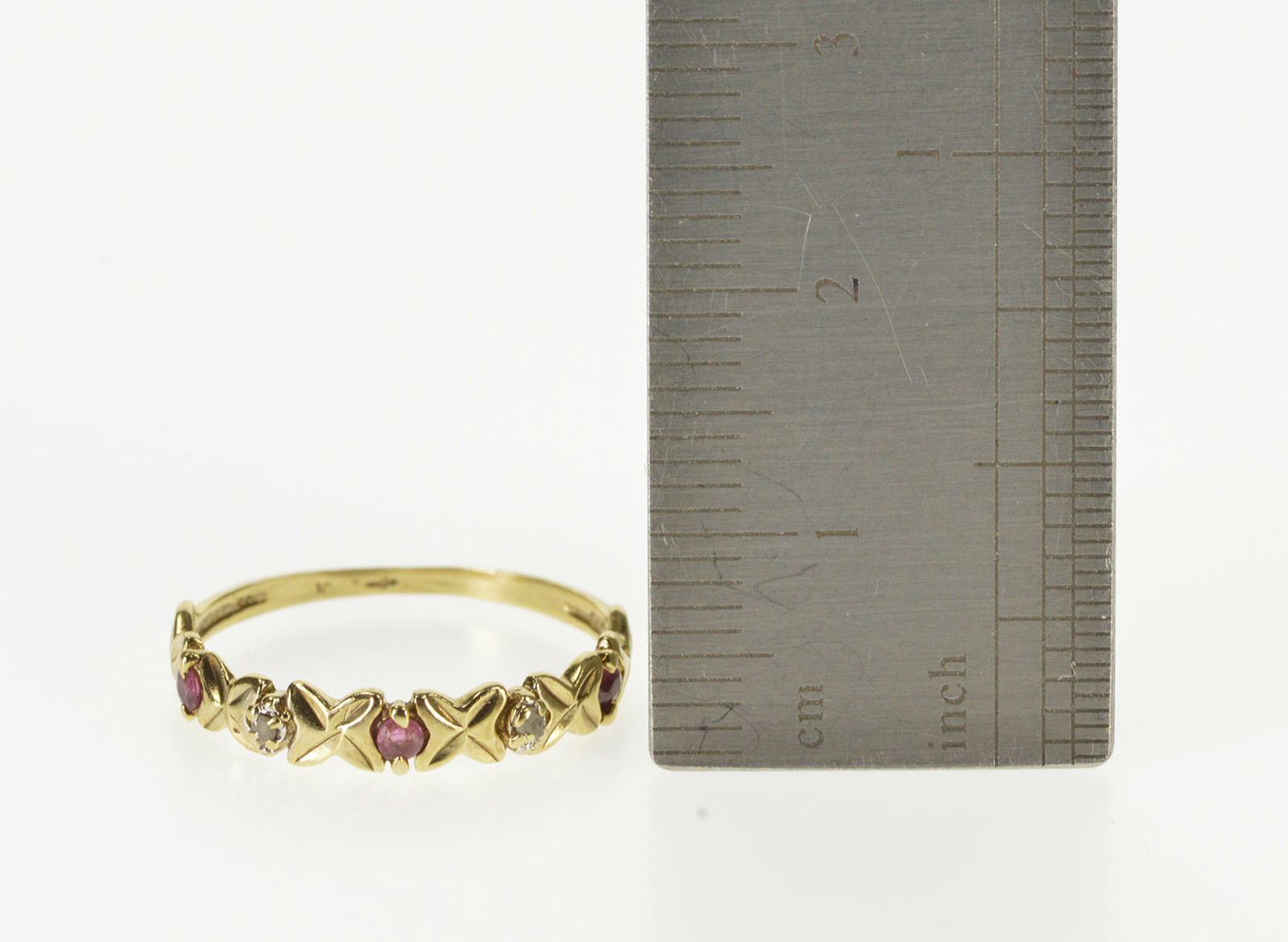 10K Ruby Diamond Inset X Pattern Wedding Band Yellow Gold Ring, Size 6. ...