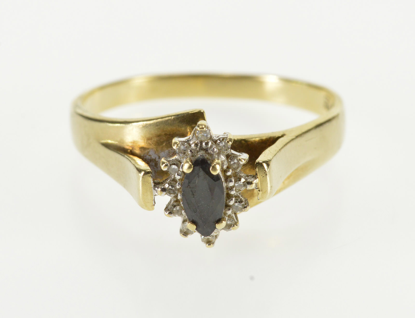 10K Sapphire Inset Marquise Diamond Halo Freeform Yellow Gold Ring ...