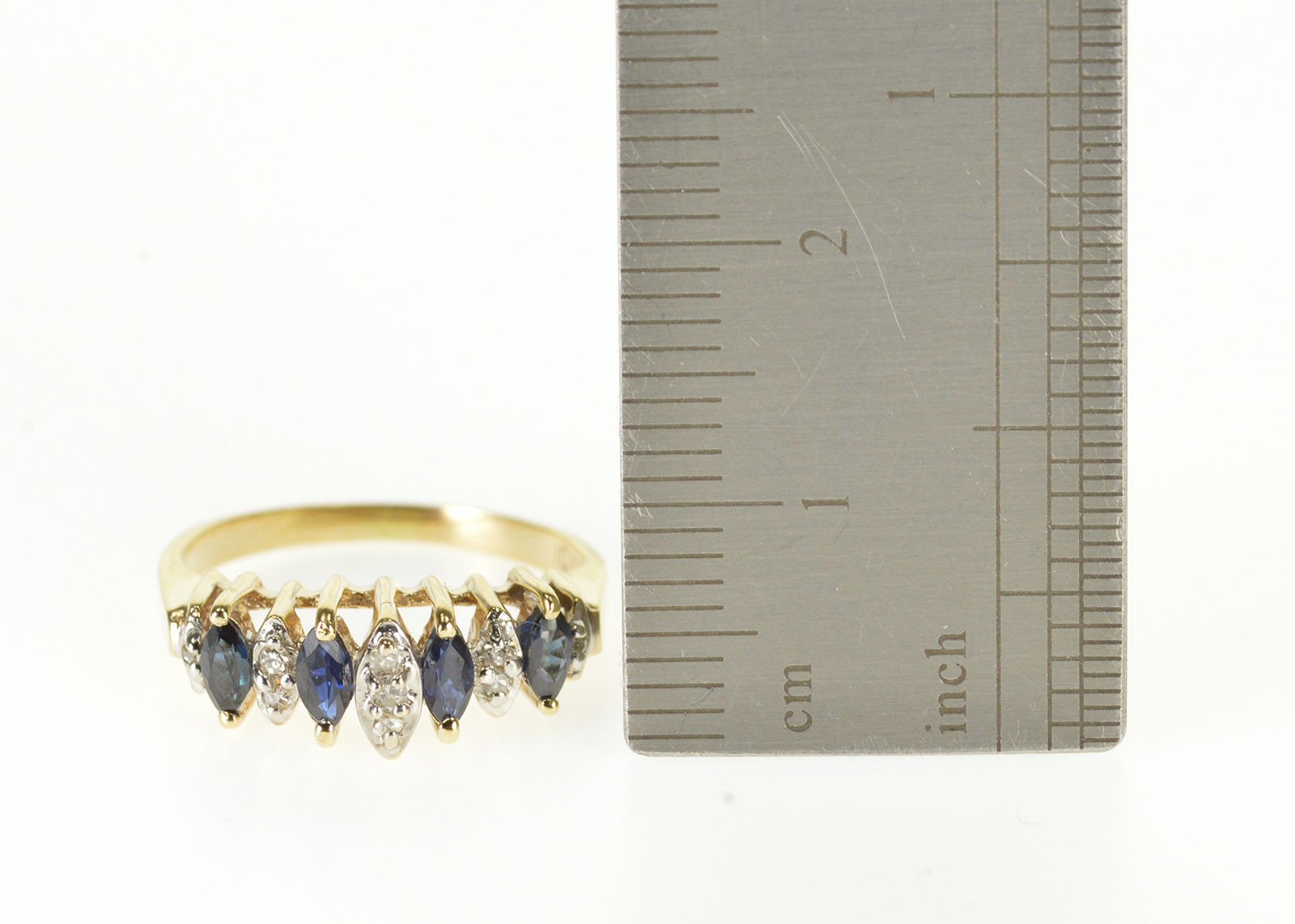 10K Sapphire Marquise Diamond Inset Wedding Band Yellow Gold Ring, Size ...