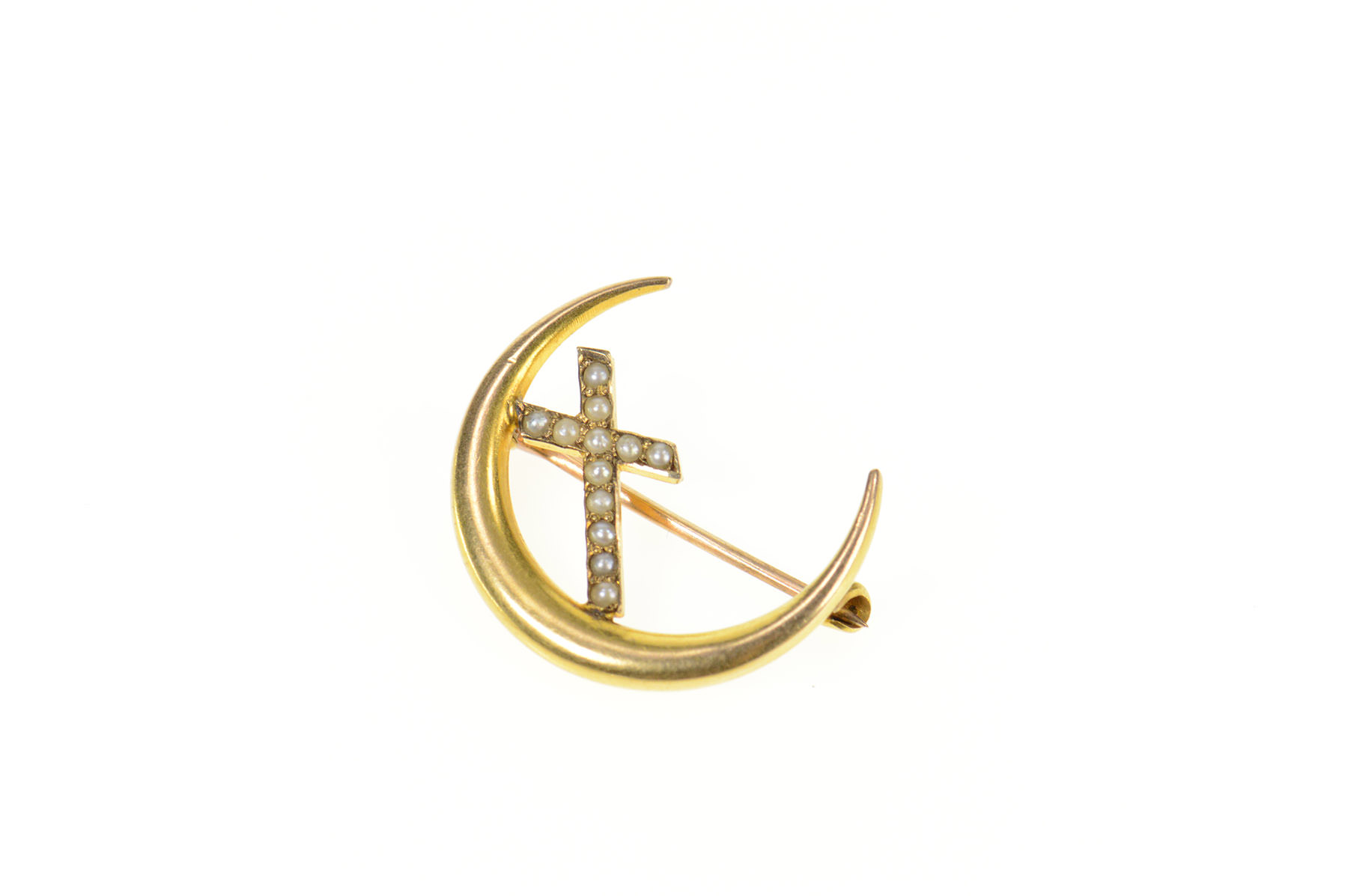 10K Seed Pearl Cross Crescent Moon Victorian Yellow Gold Pin/Brooch ...