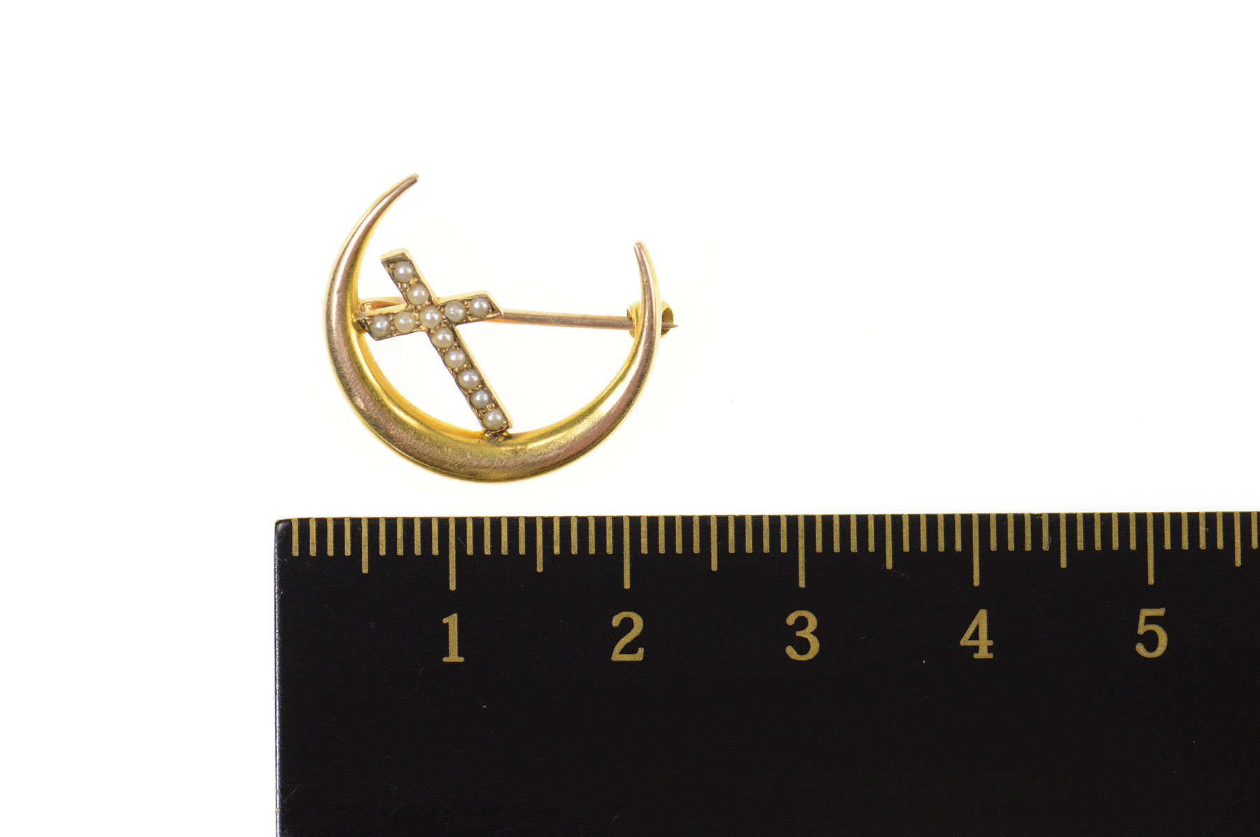 10K Seed Pearl Cross Crescent Moon Victorian Yellow Gold Pin/Brooch ...