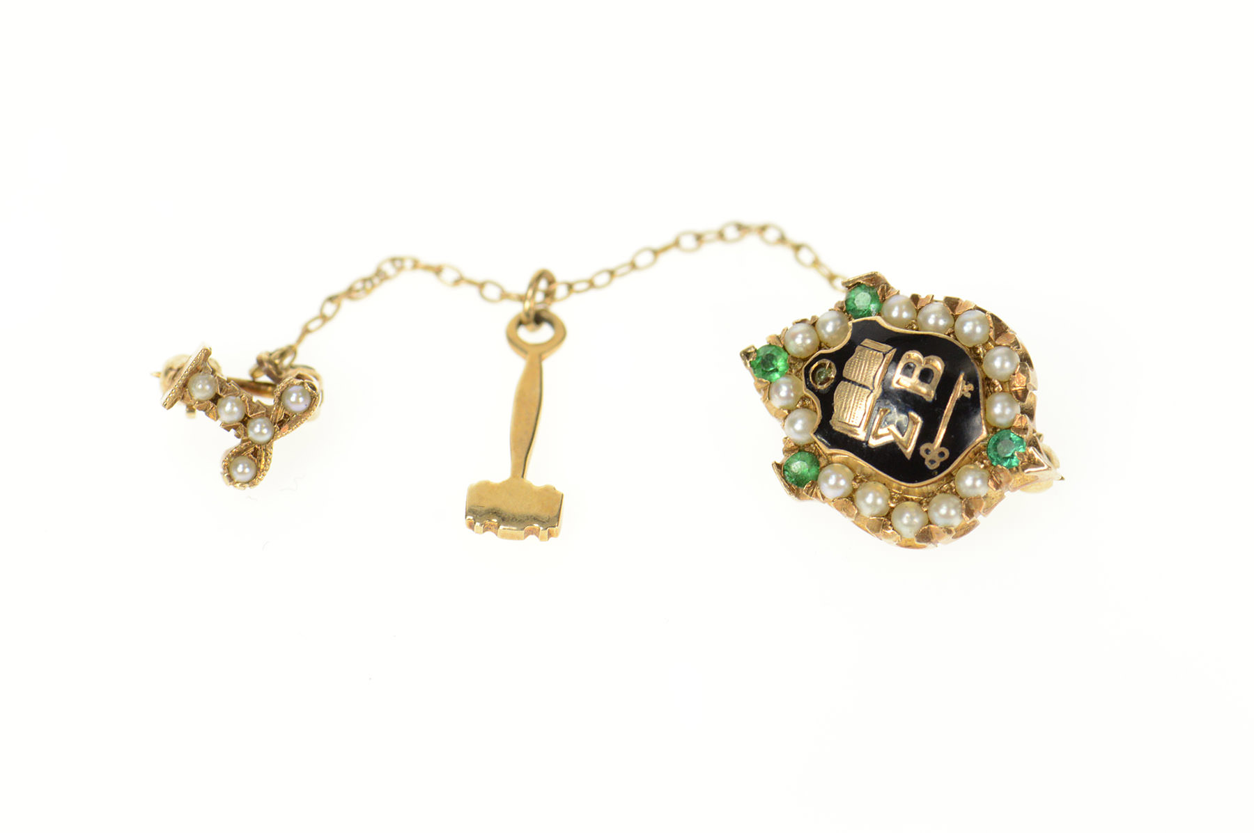 10K Sigma Beta Ornate Seed Pearl Sim. Emerald Yellow Gold Pin/Brooch ...