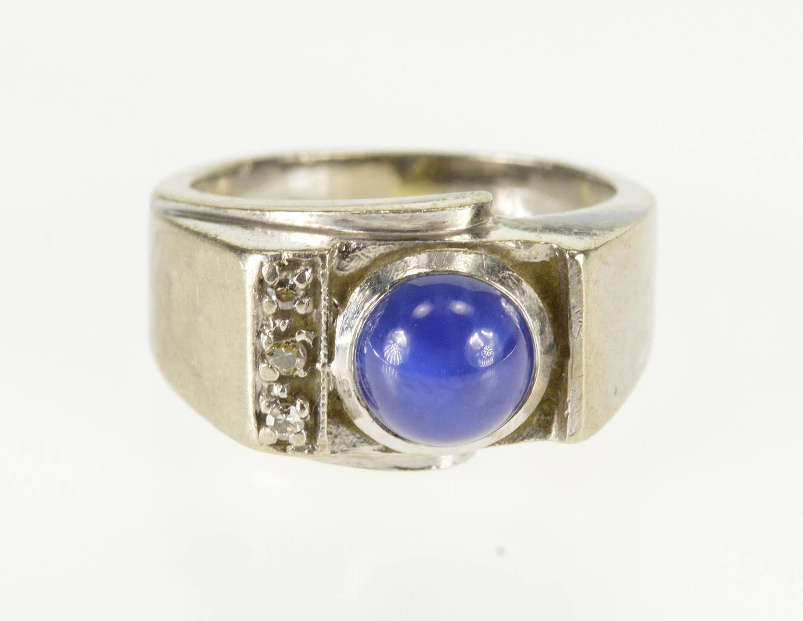 10K Syn. Star Sapphire Diamond Inset Retro White Gold Ring, Size 5.25 ...