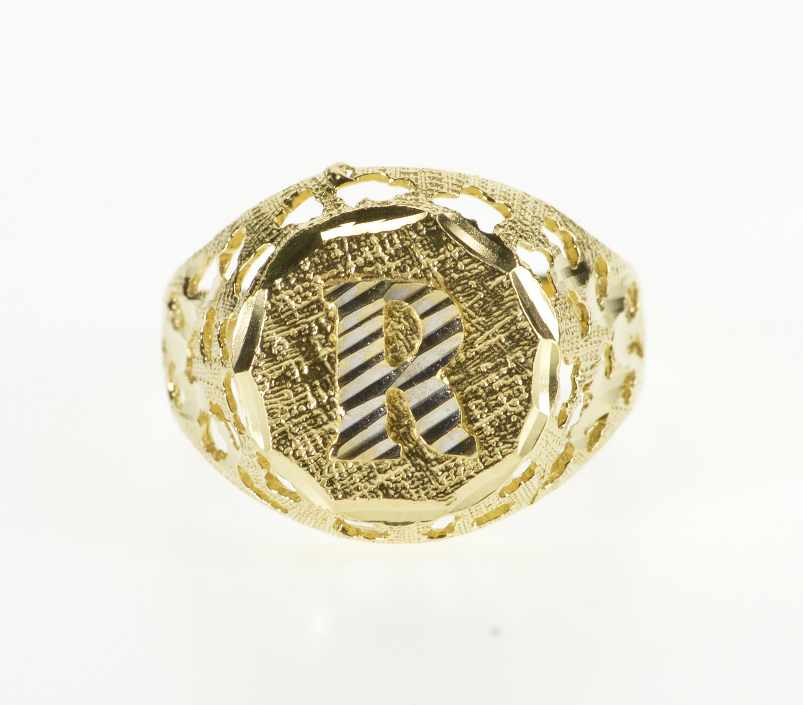 10K Textured R Letter Initial Monogram Ornate Yellow Gold Ring, Size 9. ...